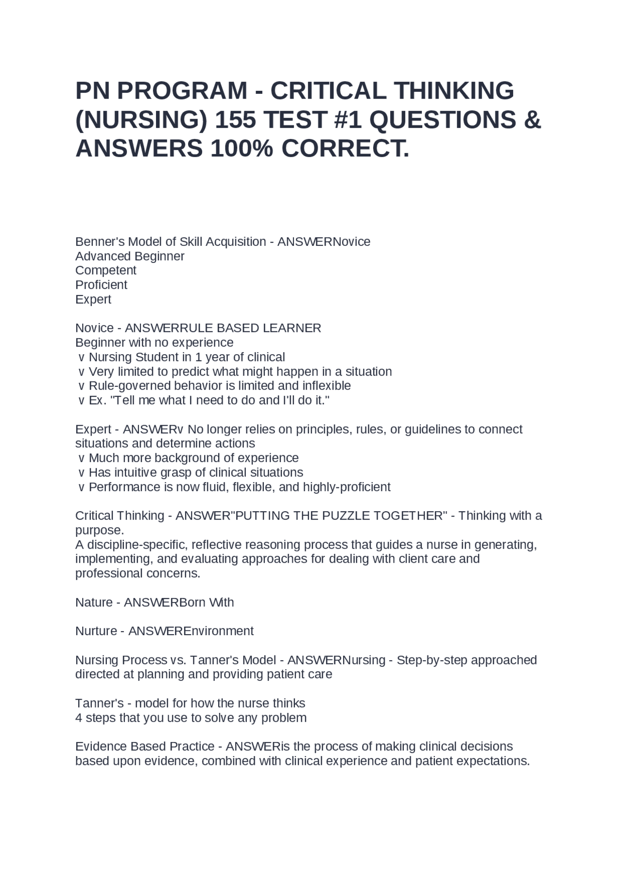 PN PROGRAM - CRITICAL THINKING (NURSING) 155 TEST #1 QUESTIONS ...