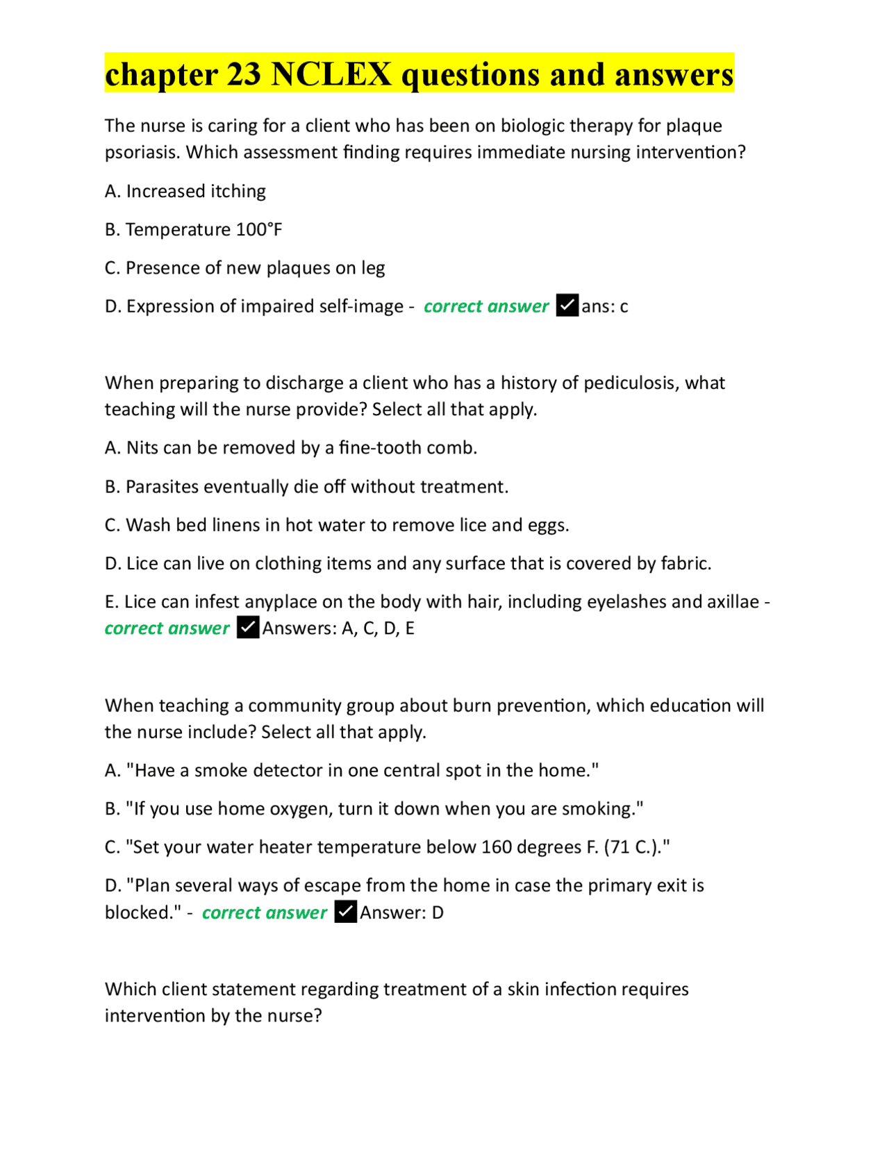 chapter 23 NCLEX questions and answers. | Exams Nursing | Docsity