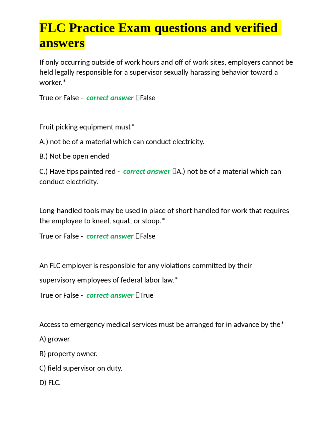 FLC Practice Exam: Labor Laws & Regulations Guide | Exams Nursing | Docsity