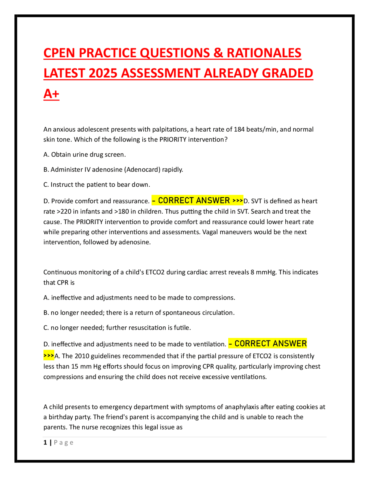 CPEN Practice Questions & Rationales: Latest 2025 Assessment | Exams ...