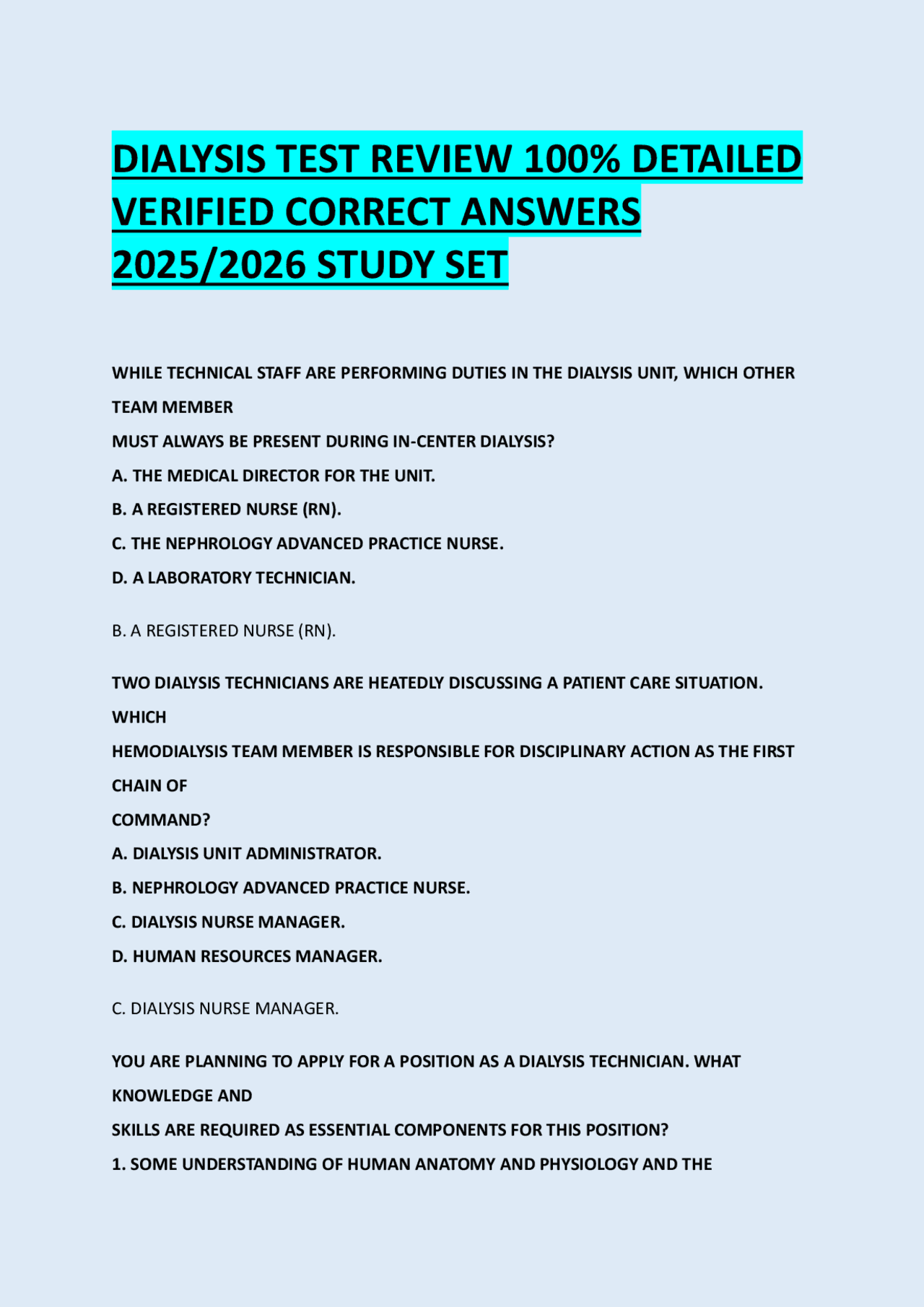 DIALYSIS TEST REVIEW 100% DETAILED VERIFIED CORRECT ANSWERS 2025/2026 ...