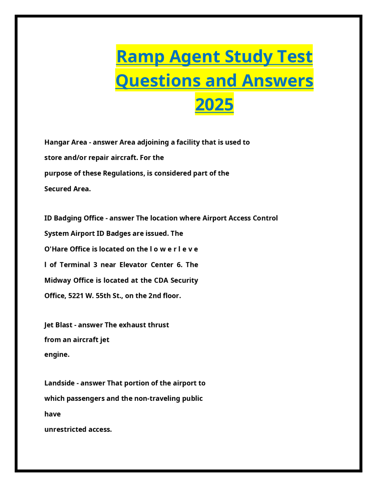 Ramp Agent Study Test Questions and Answers | Exams Nursing | Docsity