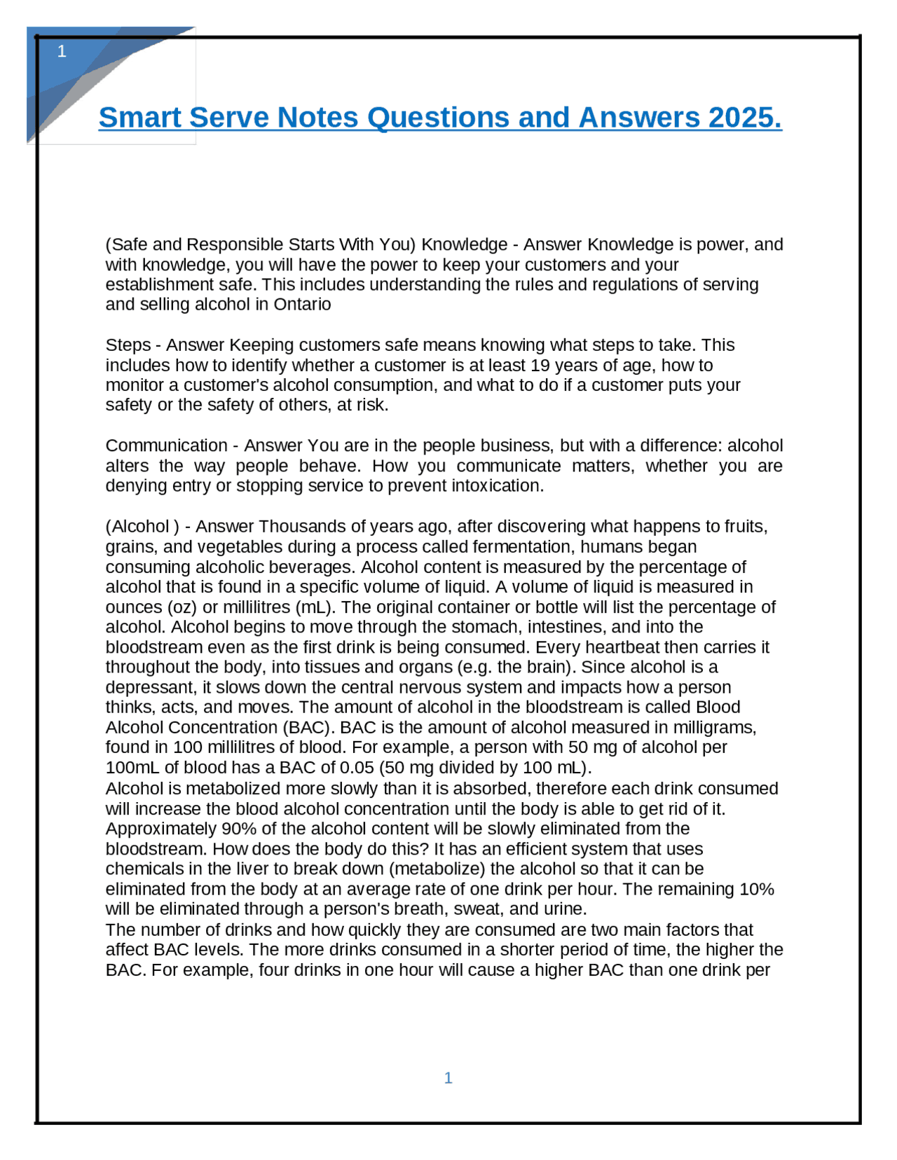 Smart Serve Notes: Alcohol Service in Ontario | Exams Nursing | Docsity