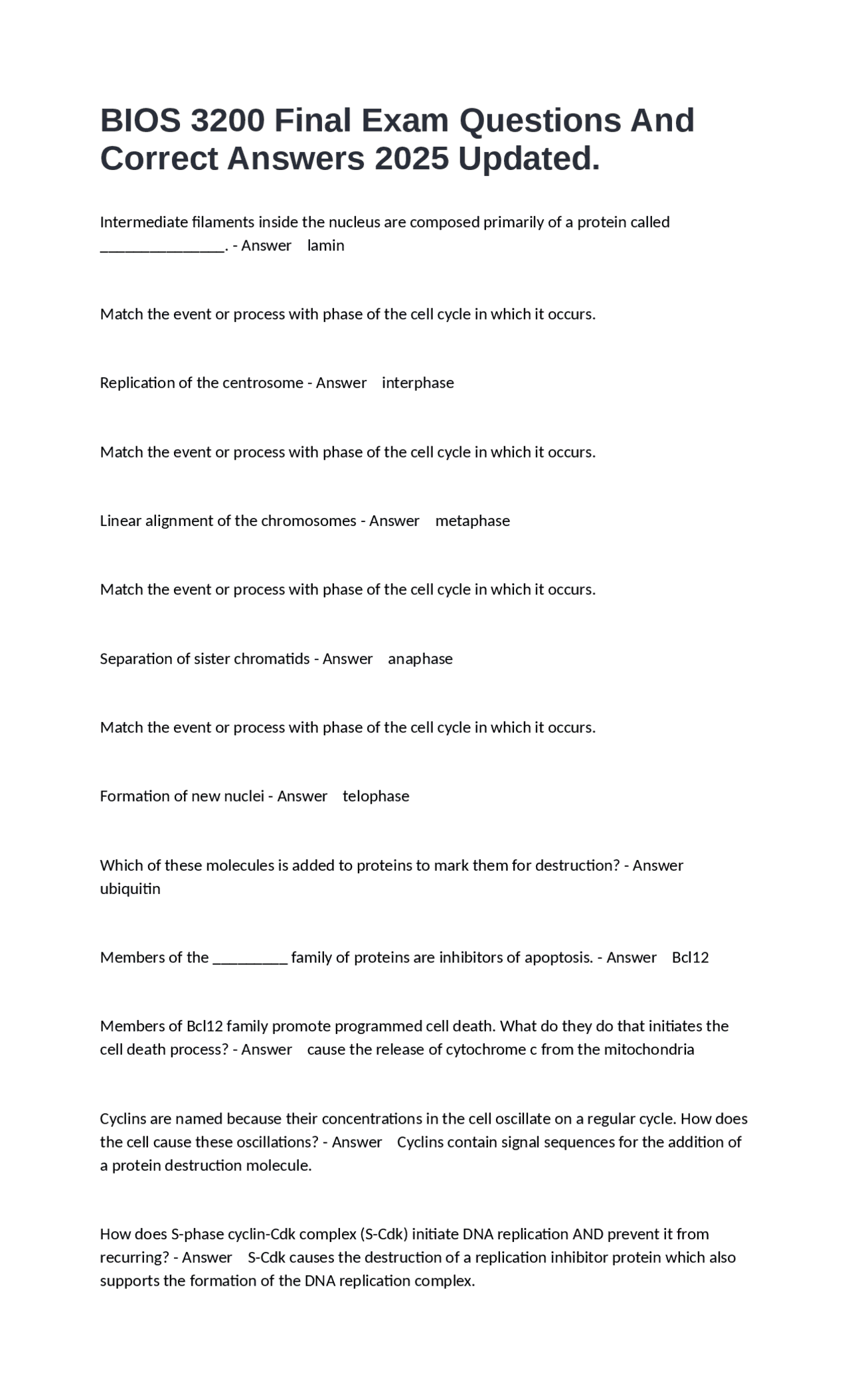 BIOS 3200 Final Exam Questions and Answers: Cell Biology and Genetics ...