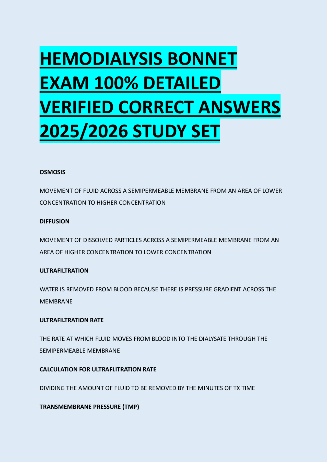 HEMODIALYSIS BONNET EXAM 100% DETAILED VERIFIED CORRECT ANSWERS 2025/2026 STUDY SET | Exams ...