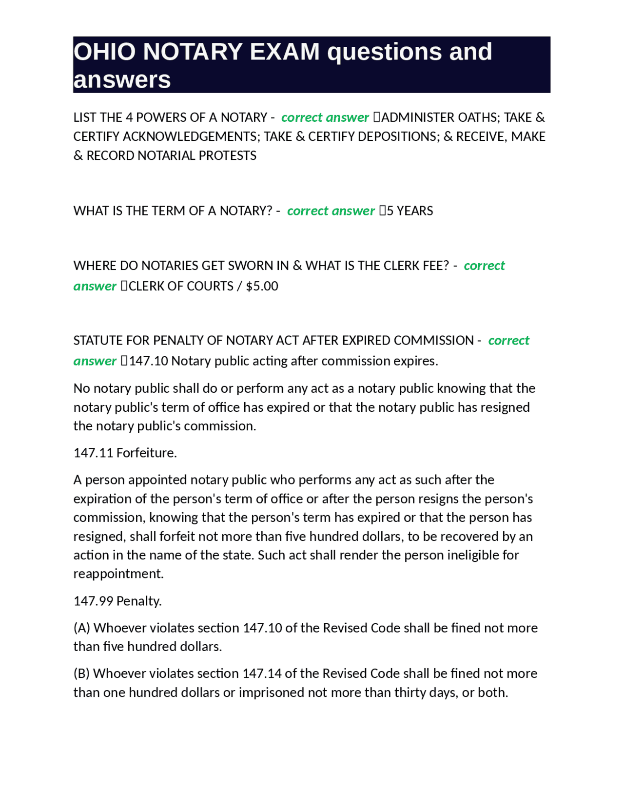 Ohio Notary Exam Questions and Answers | Exams Economics and Law | Docsity