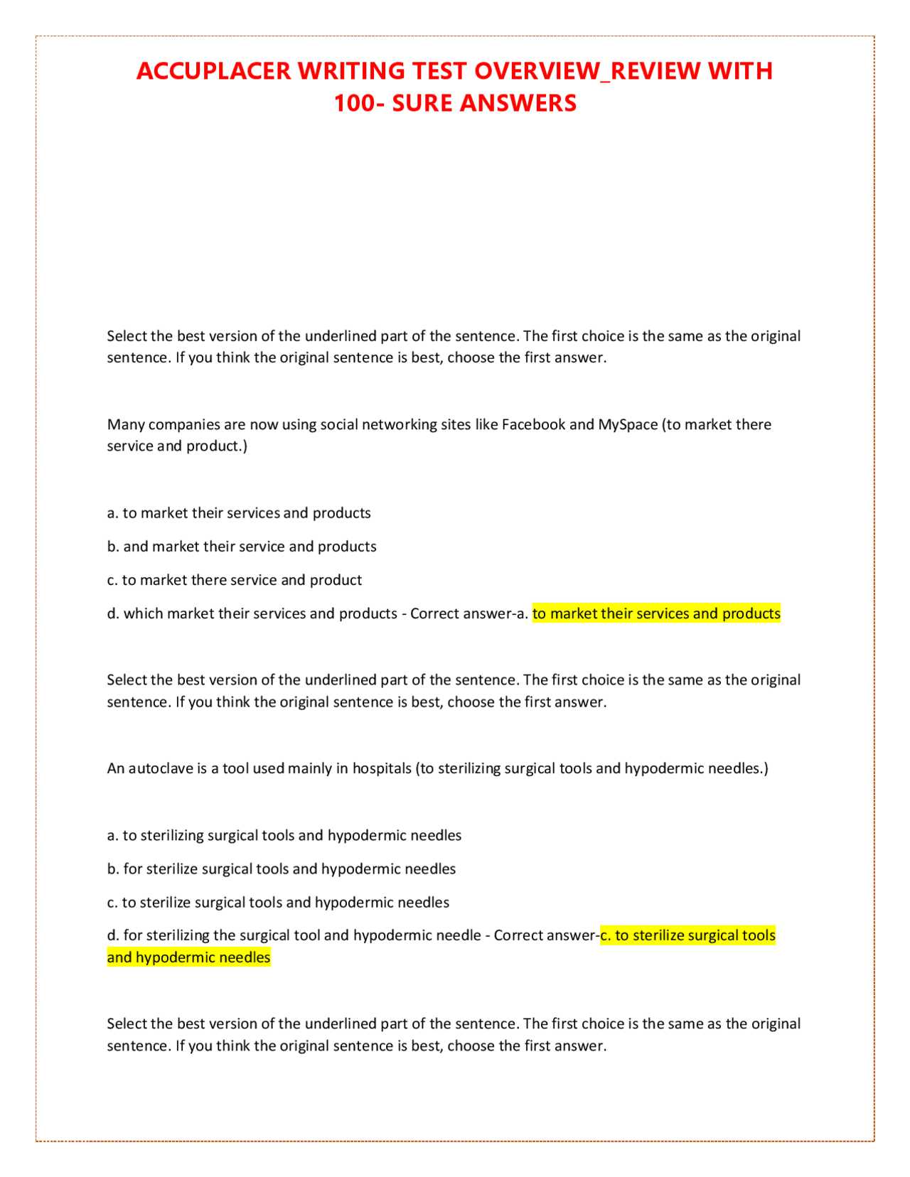 ACCUPLACER WRITING TEST OVERVIEW_REVIEW WITH 100- SURE ANSWERS ACCUP ...