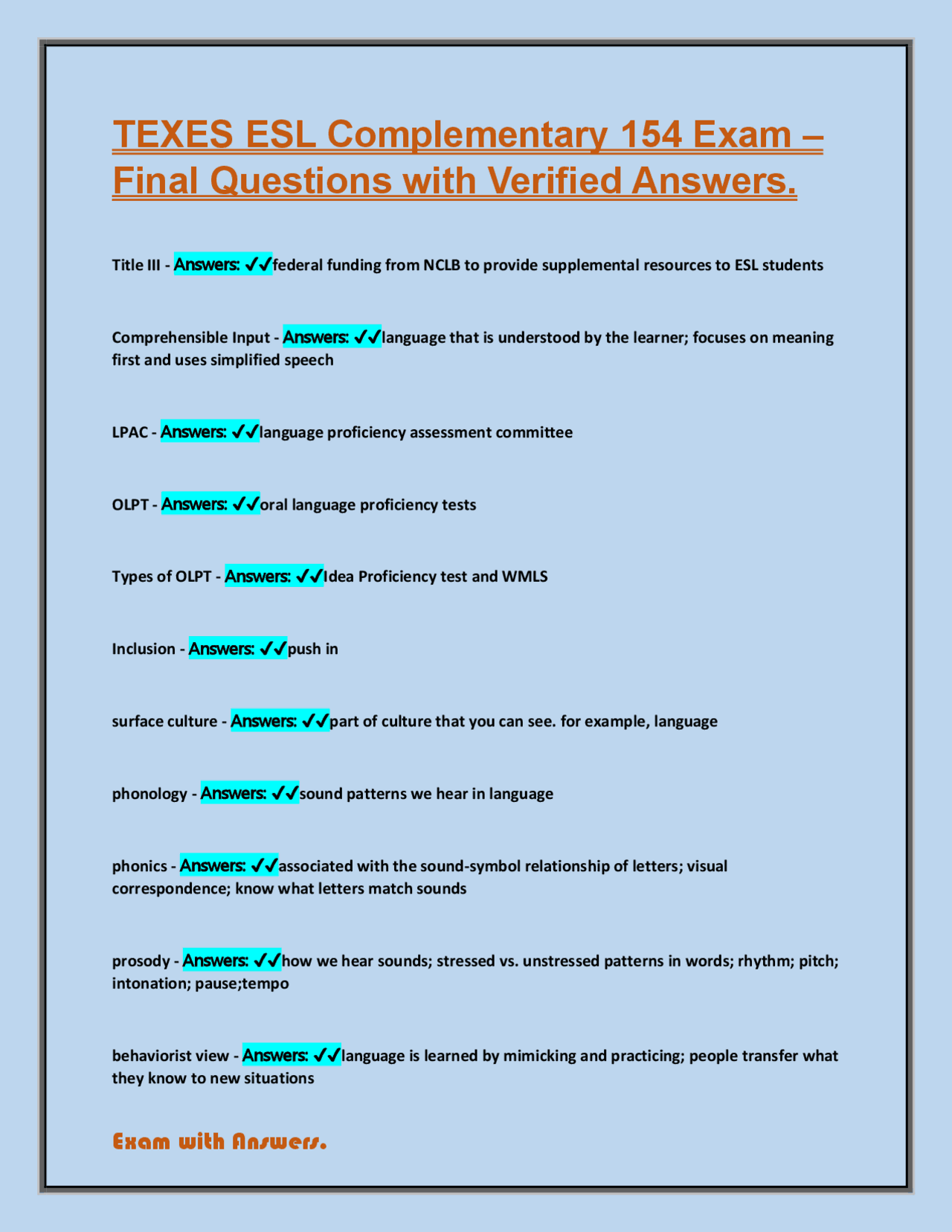 TEXES ESL Complementary 154 Exam – Final Questions with Verified ...