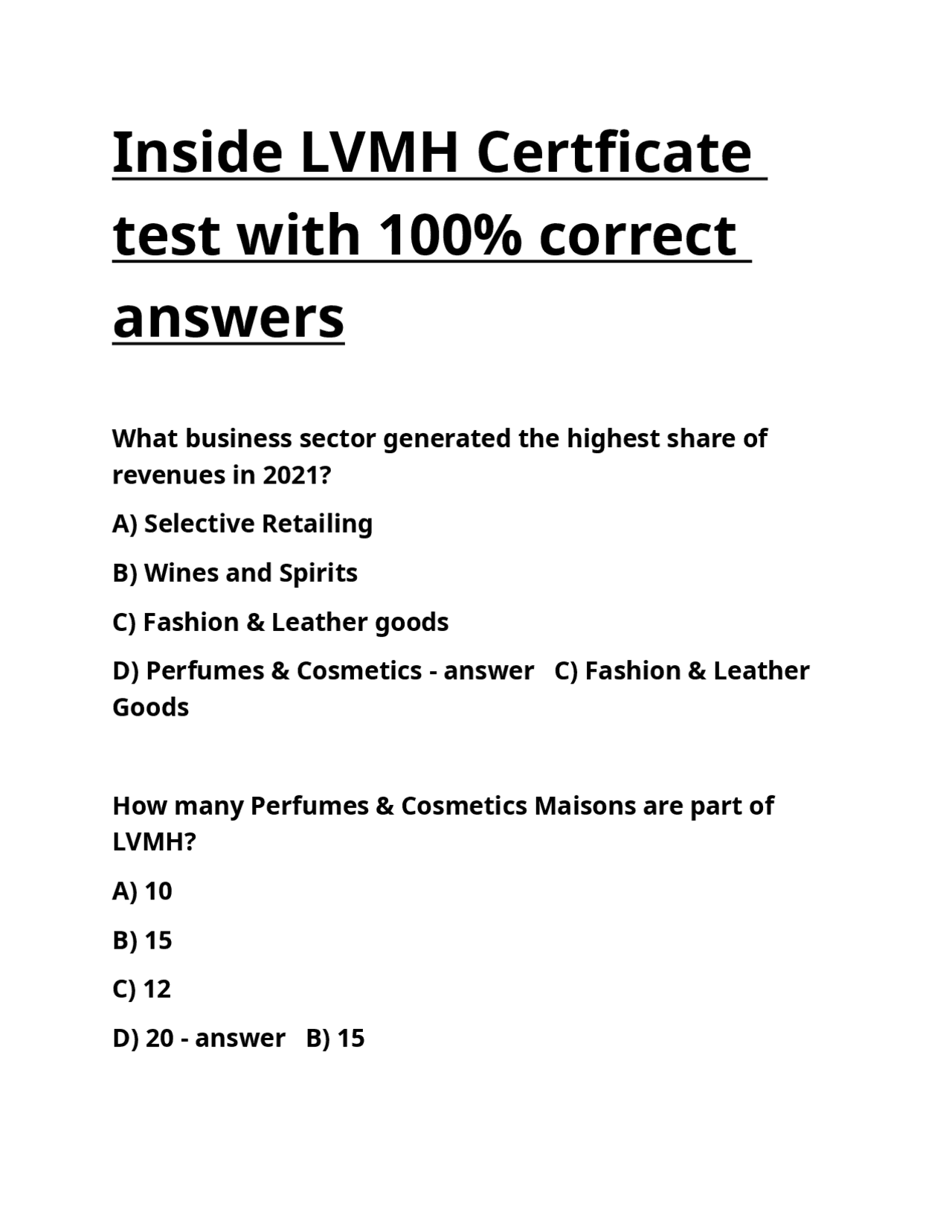 LVMH Group: Multiple Choice Questions and Answers | Exams Biology | Docsity