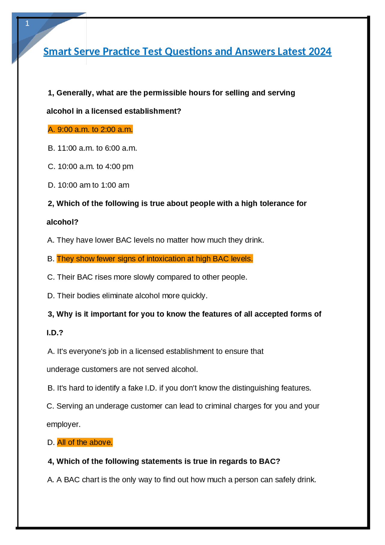 Smart Serve Practice Test Questions and Answers: Latest 2024 | Exams ...