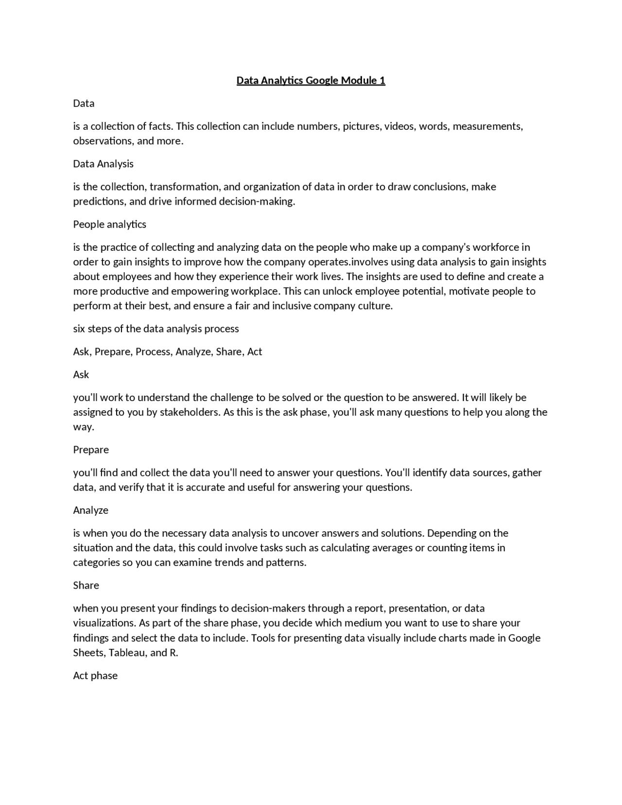 Data Analytics Google Module 1 | Exams Advanced Education | Docsity