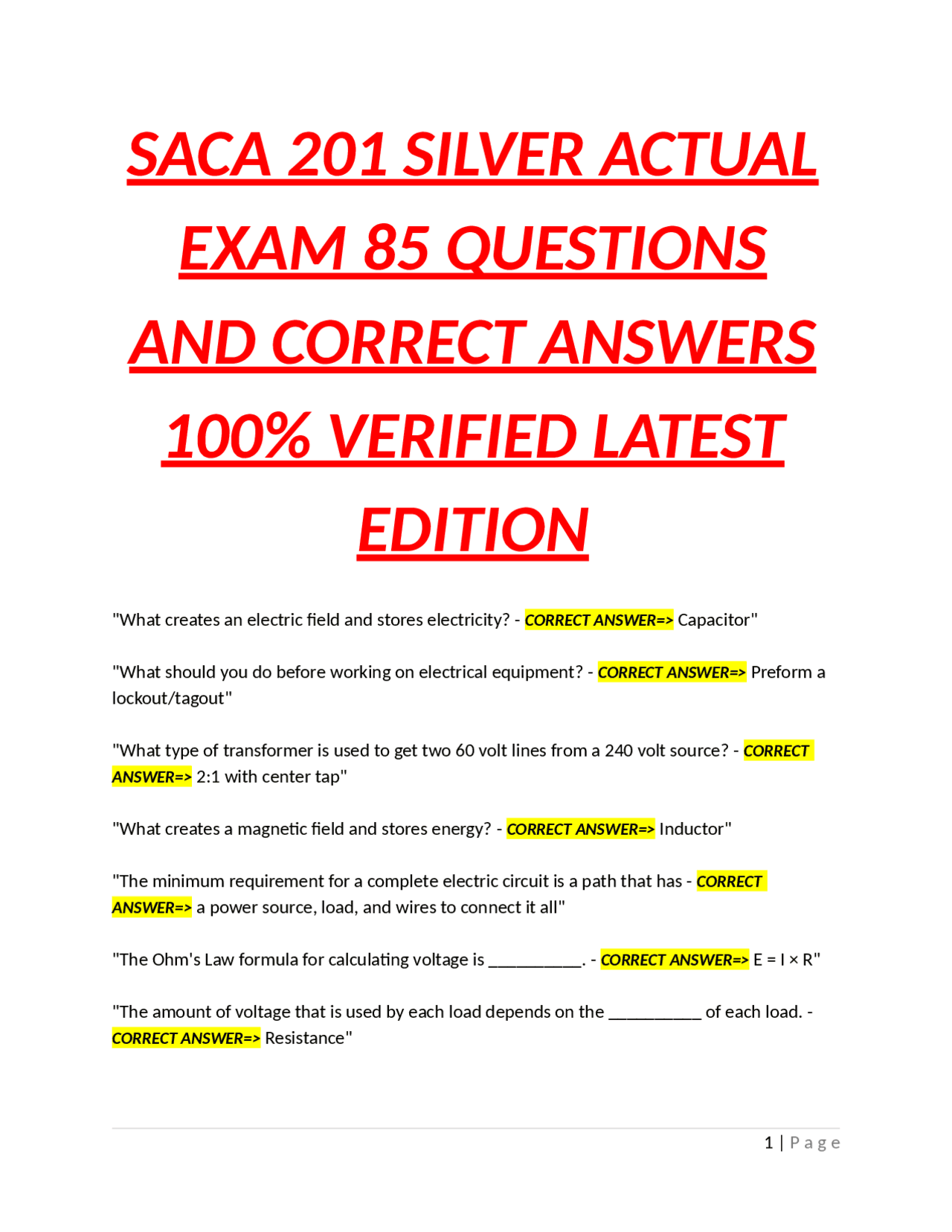 SACA 201 SILVER ACTUAL EXAM 85 QUESTIONS AND CORRECT ANSWERS 100% ...