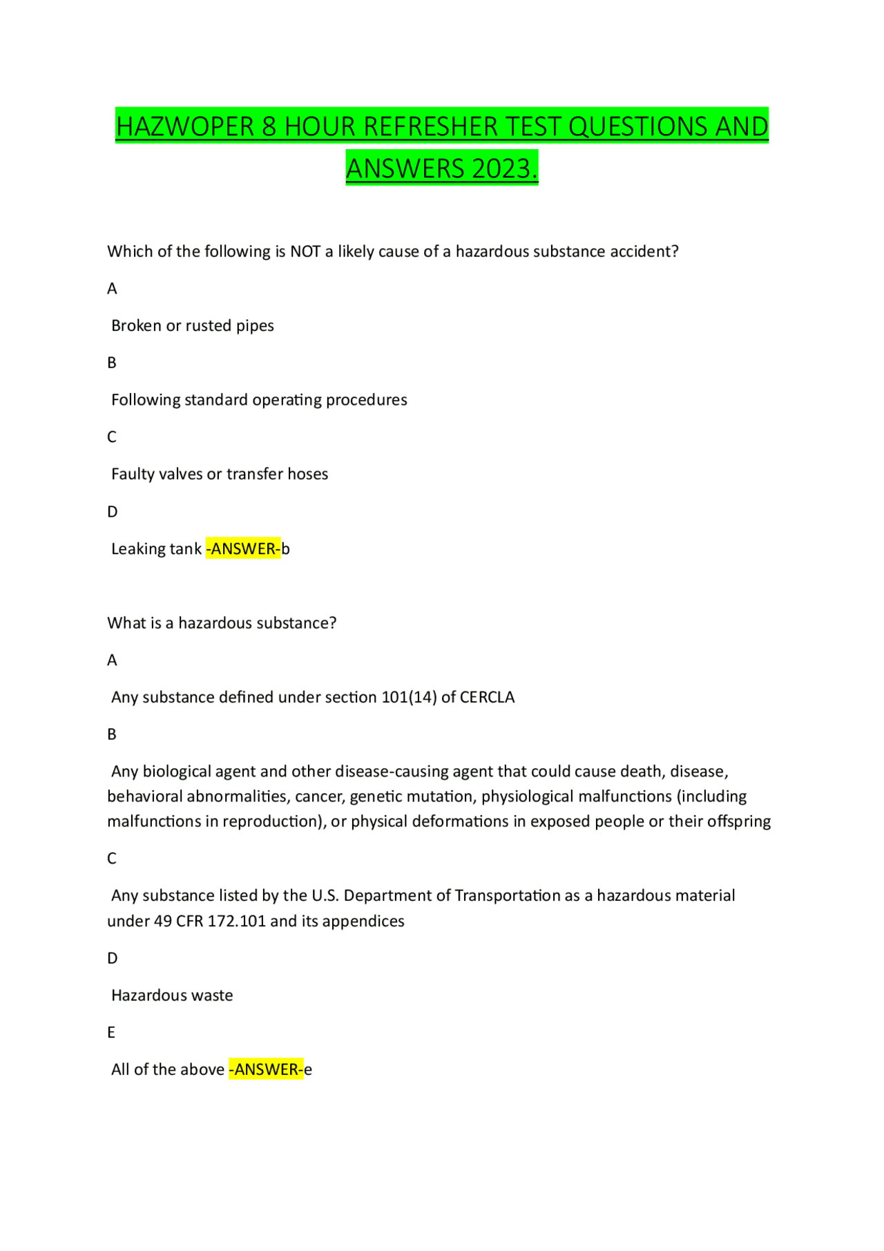 HAZWOPER 8 HOUR REFRESHER TEST QUESTIONS AND ANSWERS 2025 | Exams ...