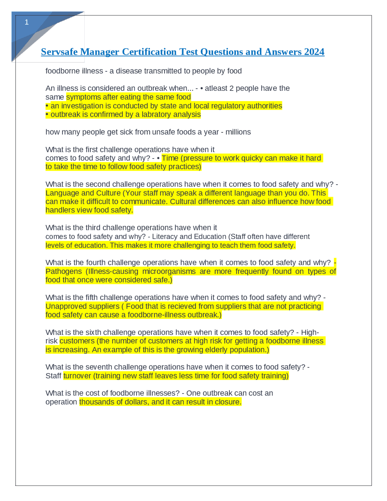 Servsafe Manager Certification Test Questions and Answers | Exams ...