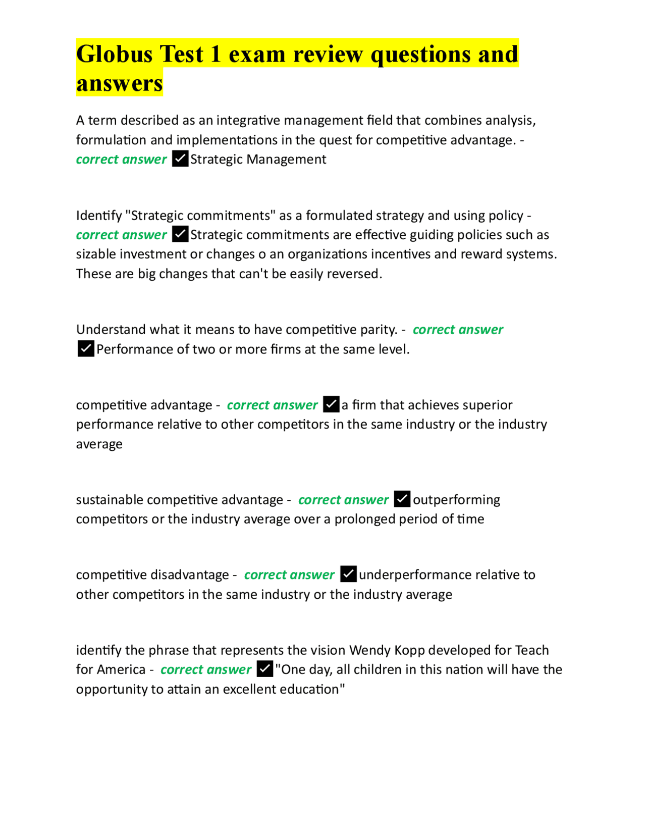 Globus Test 1 Exam Review Questions and Answers: Strategic Management ...