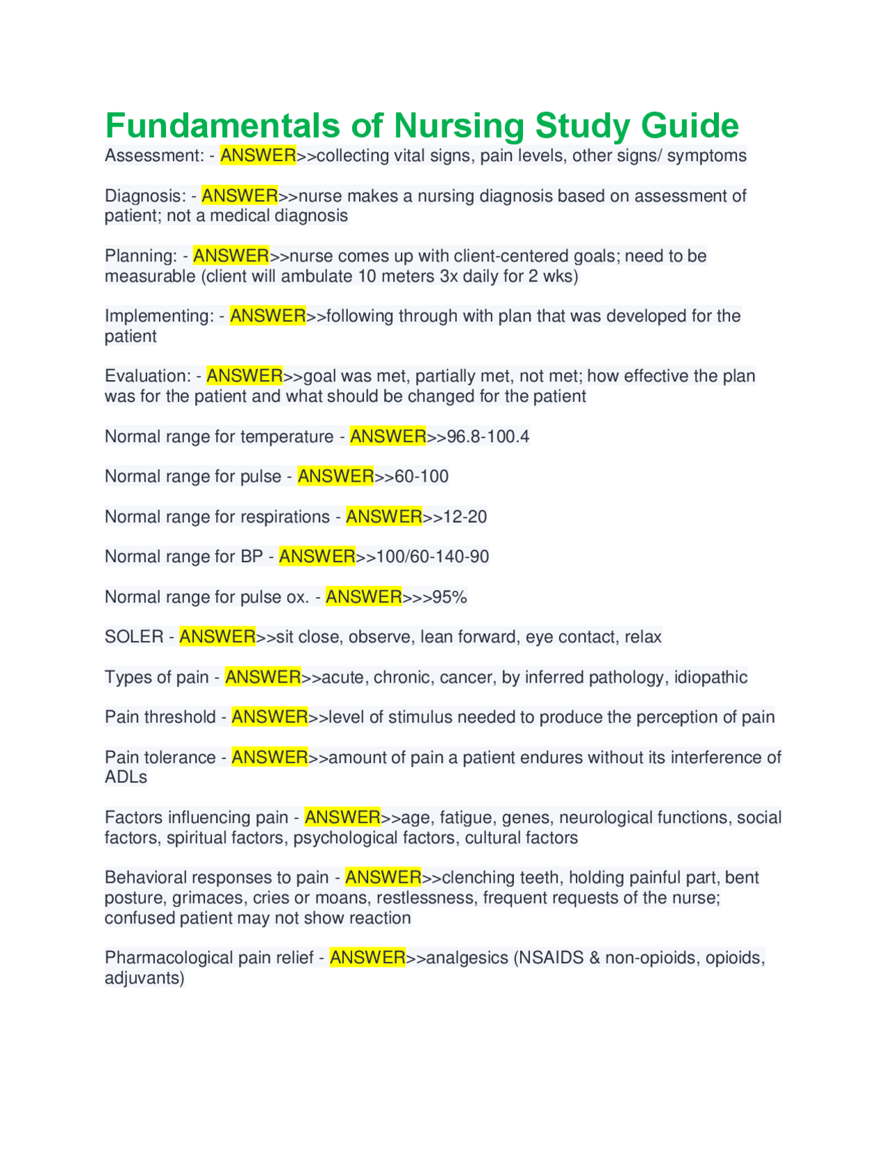 Fundamentals of Nursing Study Guide | Exams Nursing | Docsity