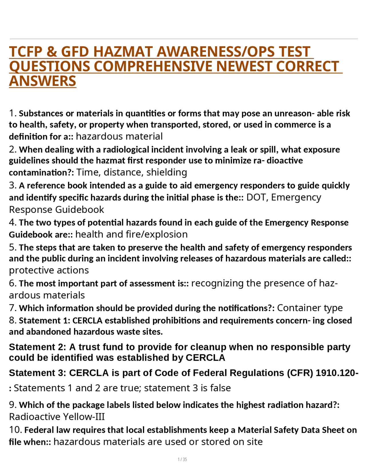 TCFP & GFD HAZMAT AWARENESS/OPS TEST QUESTIONS COMPREHENSIVE NEWEST ...