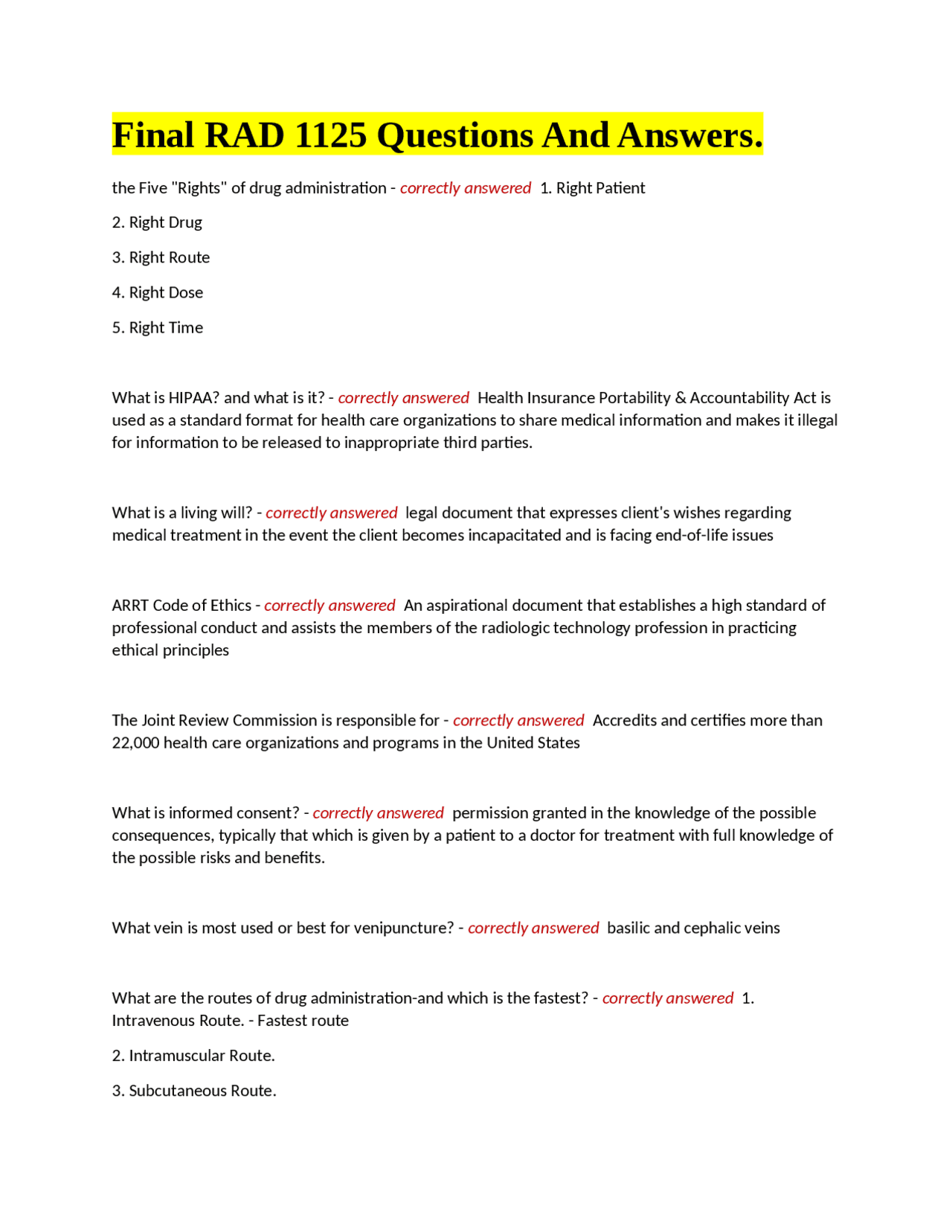 Final RAD 1125 Questions And Answers. | Exams Health sciences | Docsity