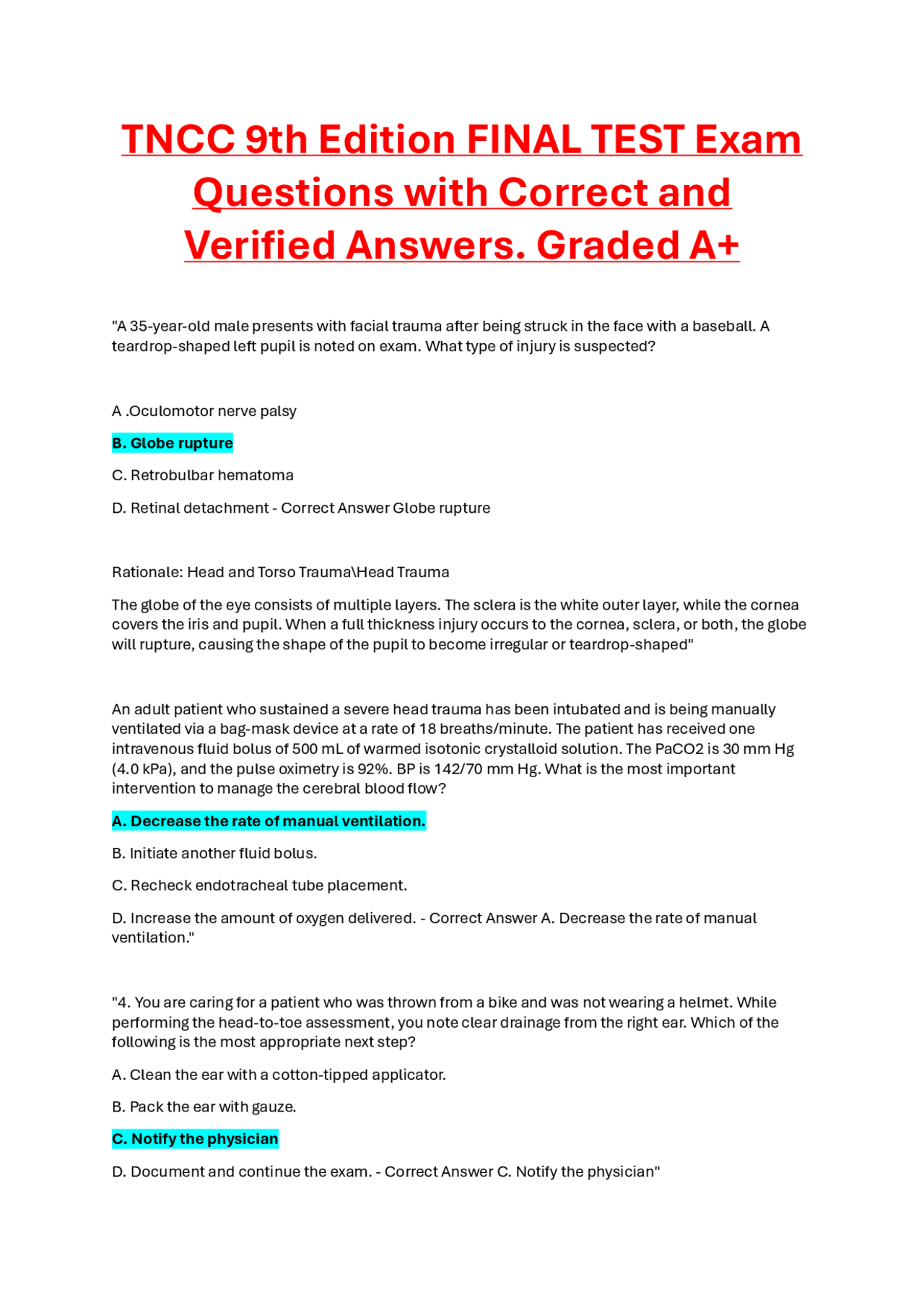 TNCC 9th Edition FINAL TEST Exam Questions with Correct and Verified ...
