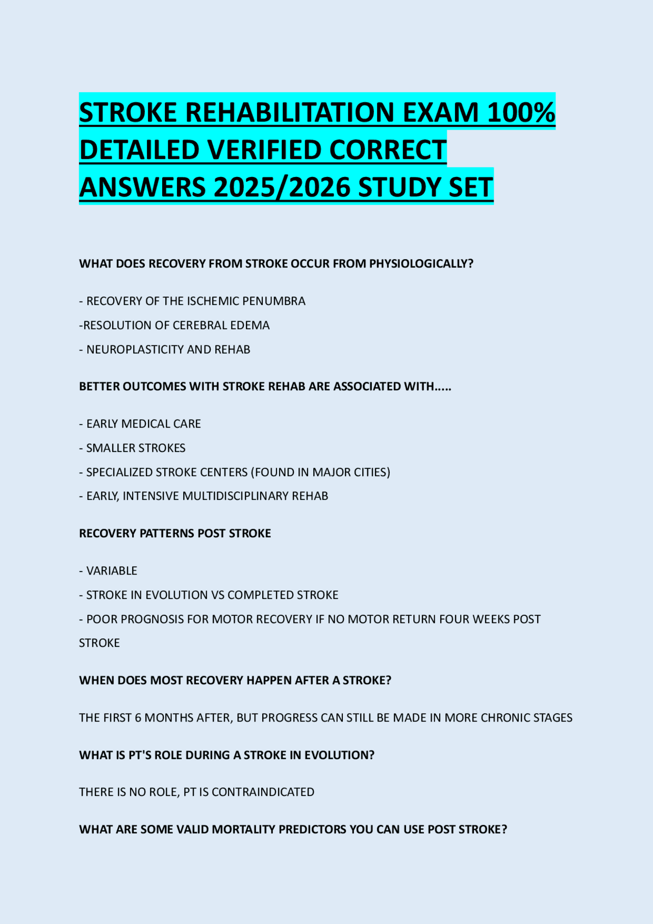 STROKE REHABILITATION EXAM 100% DETAILED VERIFIED CORRECT ANSWERS 2025/ ...