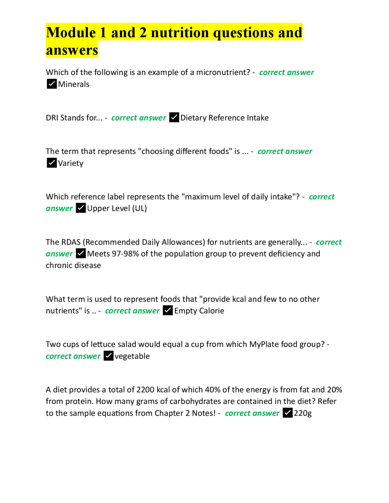 Nutrition Module 1 and 2: Multiple Choice Questions and Answers | Exams ...