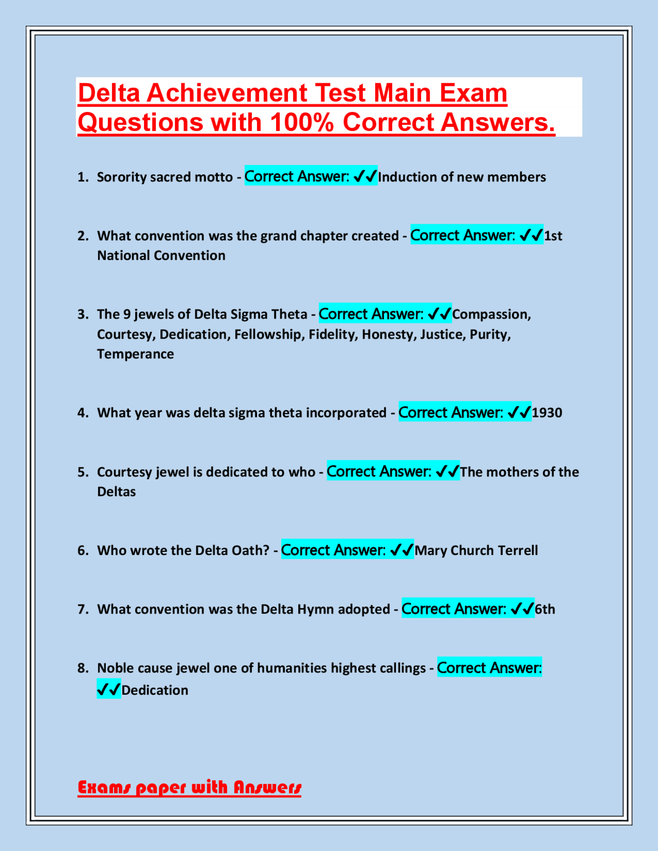 Delta Achievement Test Main Exam Questions with 100% Correct Answers ...