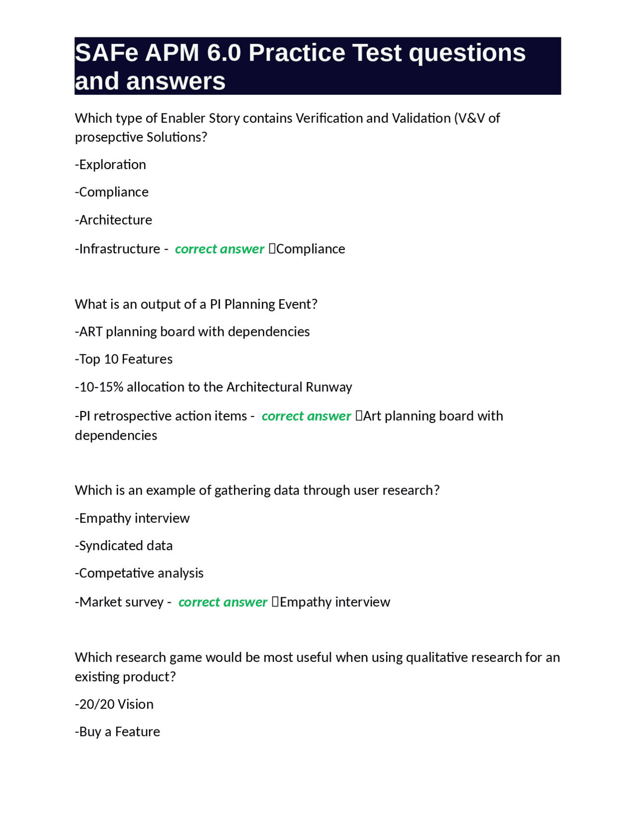 SAFe APM 6.0 Practice Test questions and answers | Exams Nursing | Docsity