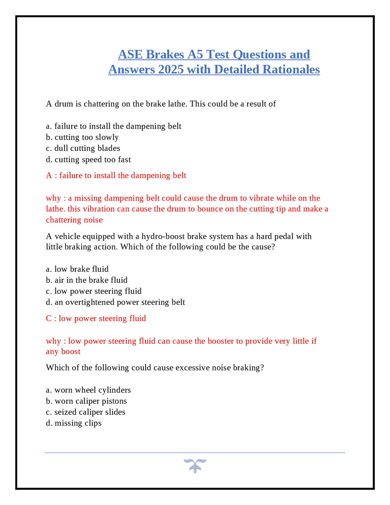 ASE Brakes A5 Test Questions and Answers | Exams Nursing | Docsity