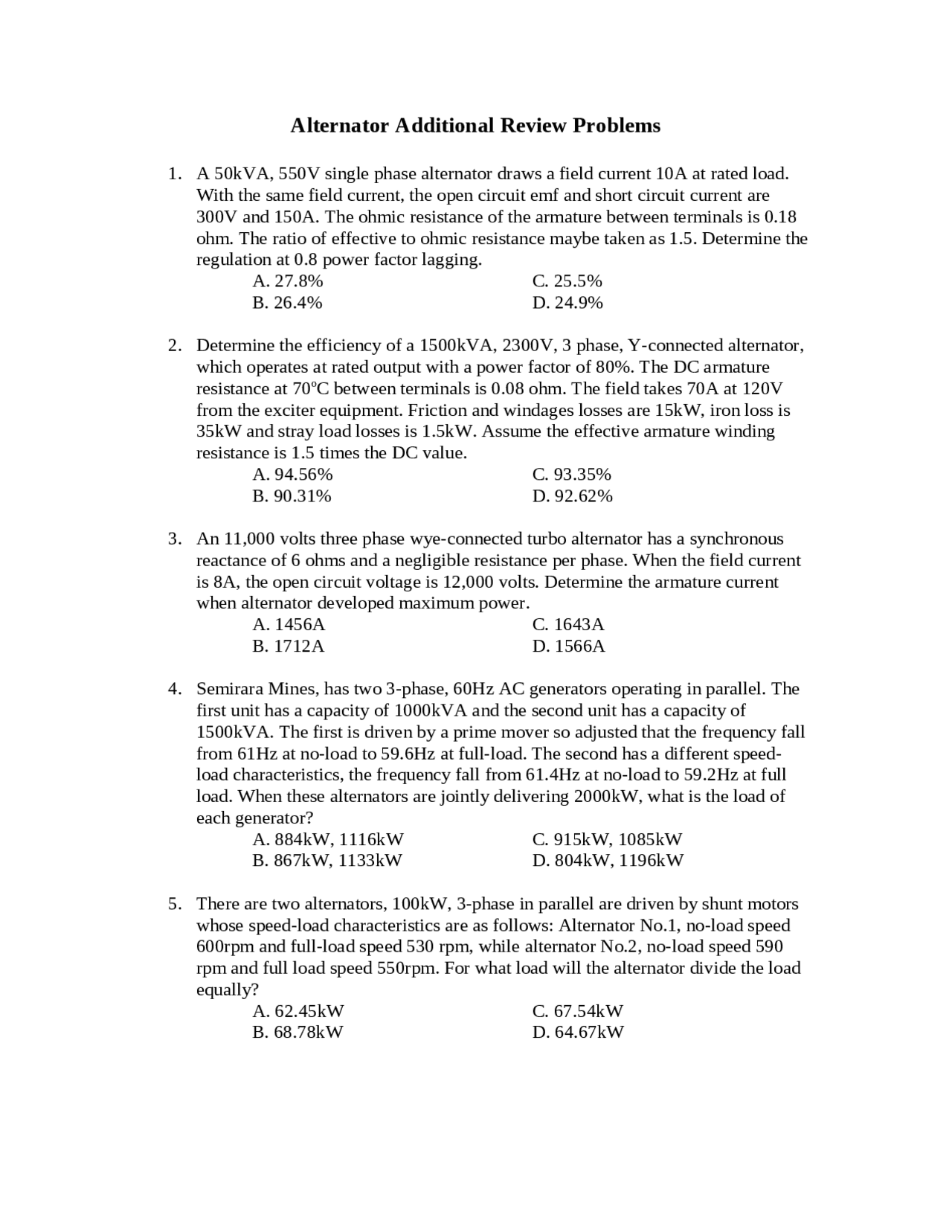 Alternator Additional Review Problems: Exercises and Solutions for Electrical Engineering ...