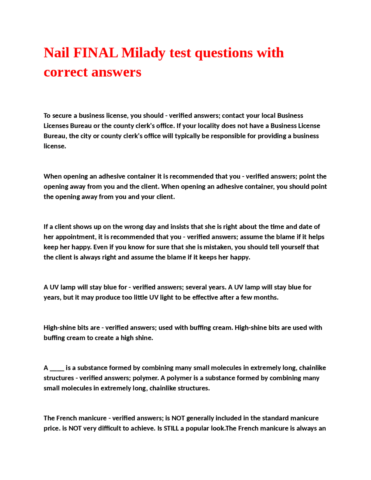 Nail FINAL Milady test questions with correct answers | Exams Fashion ...