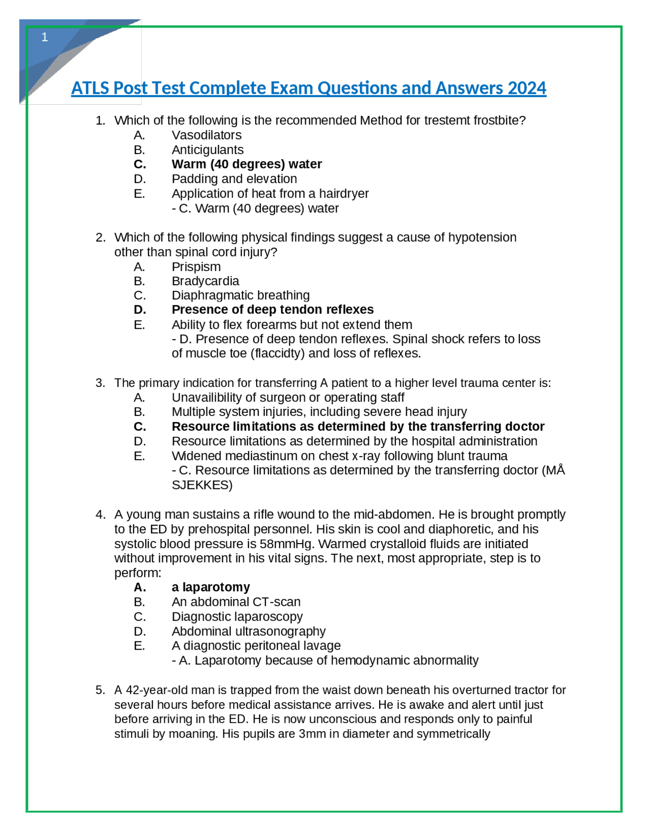 ATLS Post Test Complete Exam Questions and Answers | Exams Nursing ...