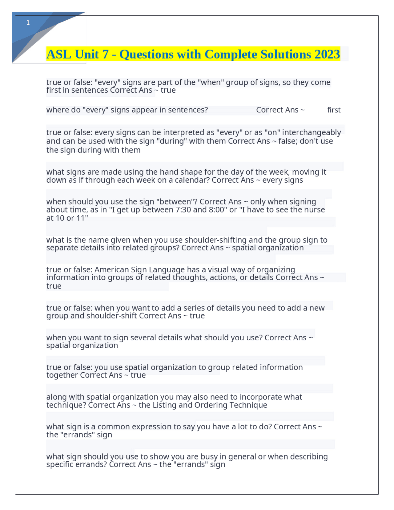 ASL Unit 7 - Questions with Complete Solutions | Exams Nursing | Docsity