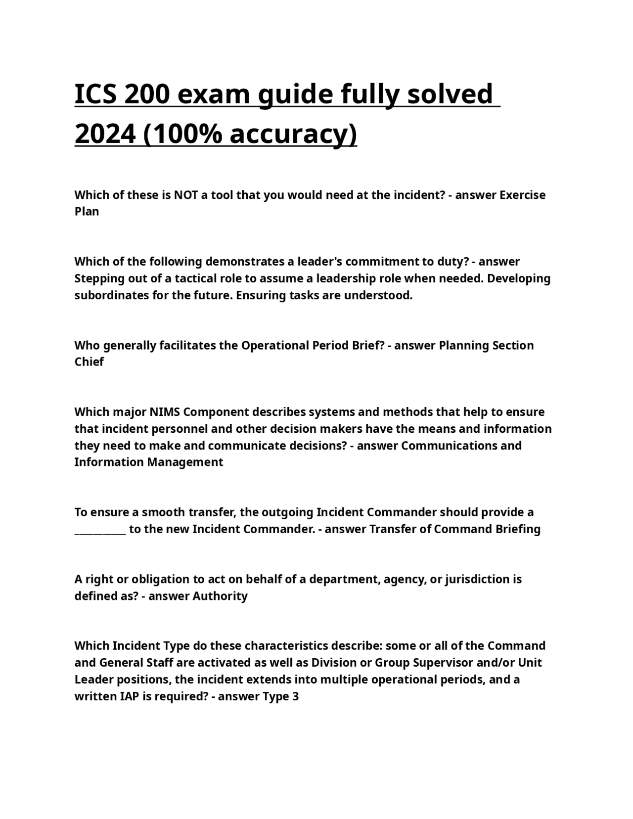 ICS 200 exam guide fully solved 2024 (100% accuracy).docx | Exams Cell ...