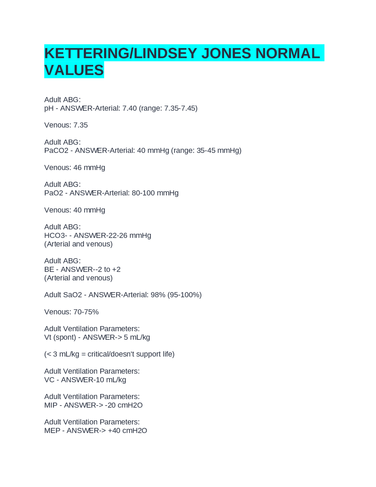 Normal Values for Adult and Neonatal Patients: A Comprehensive Guide ...