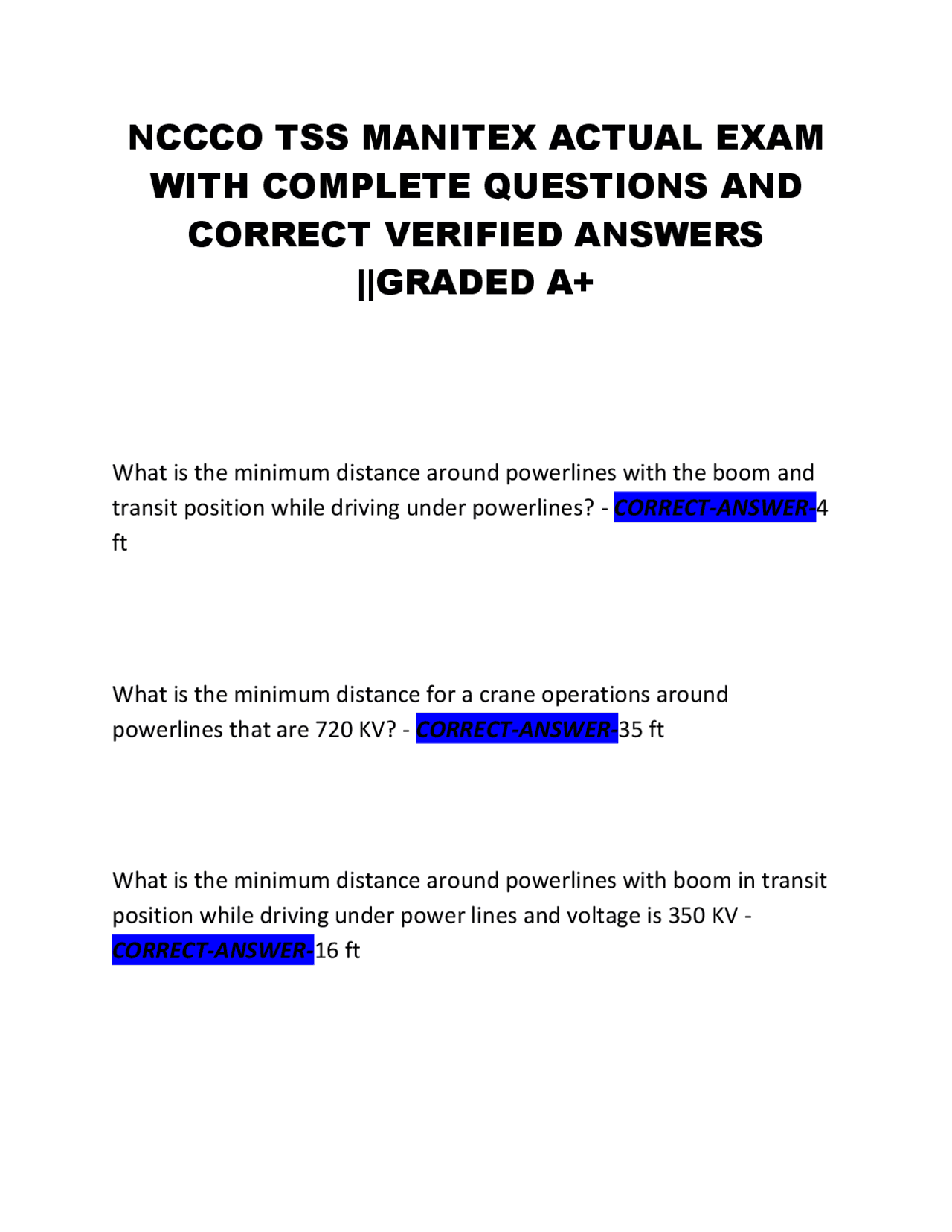 NCCCO TSS MANITEX Actual Exam: Complete Questions and Answers | Exams ...