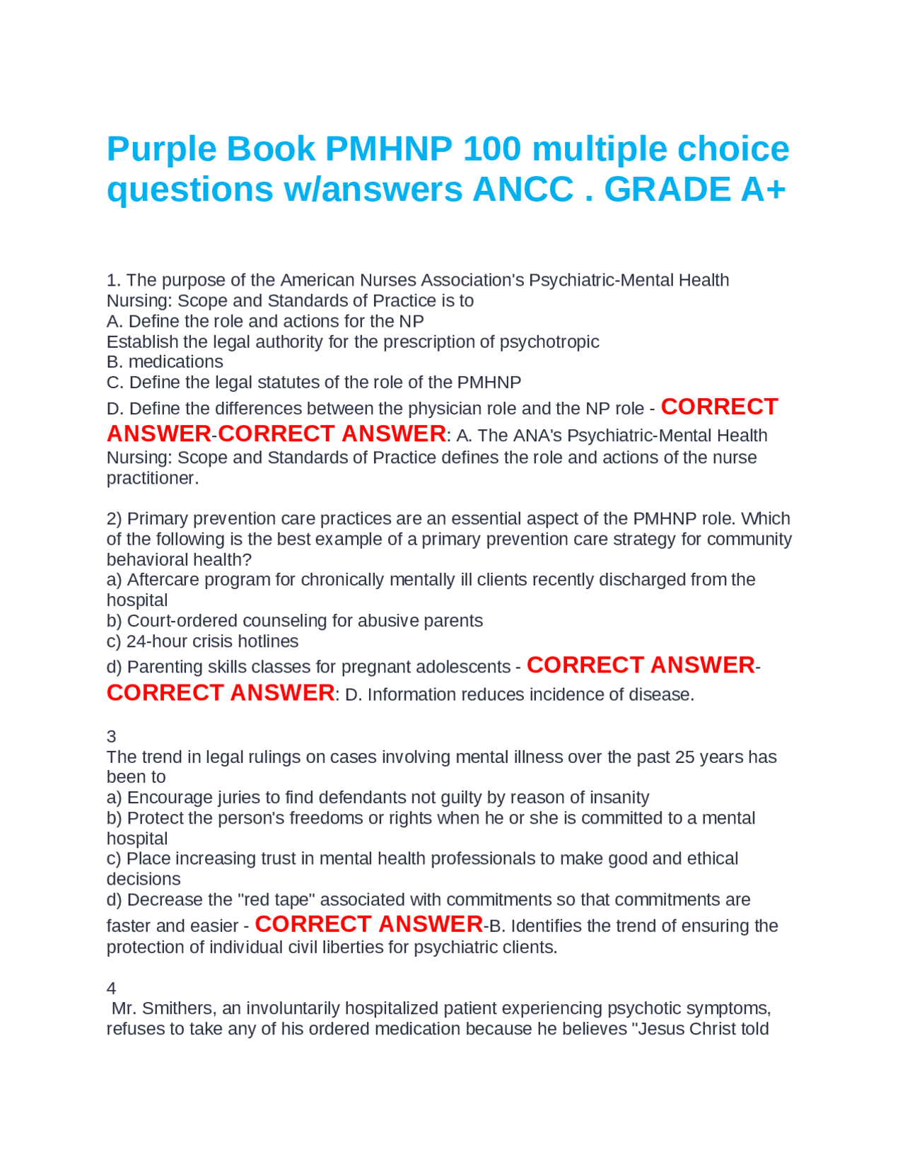 Purple Book PMHNP 100 multiple choice questions w/answers ANCC . GRADE ...