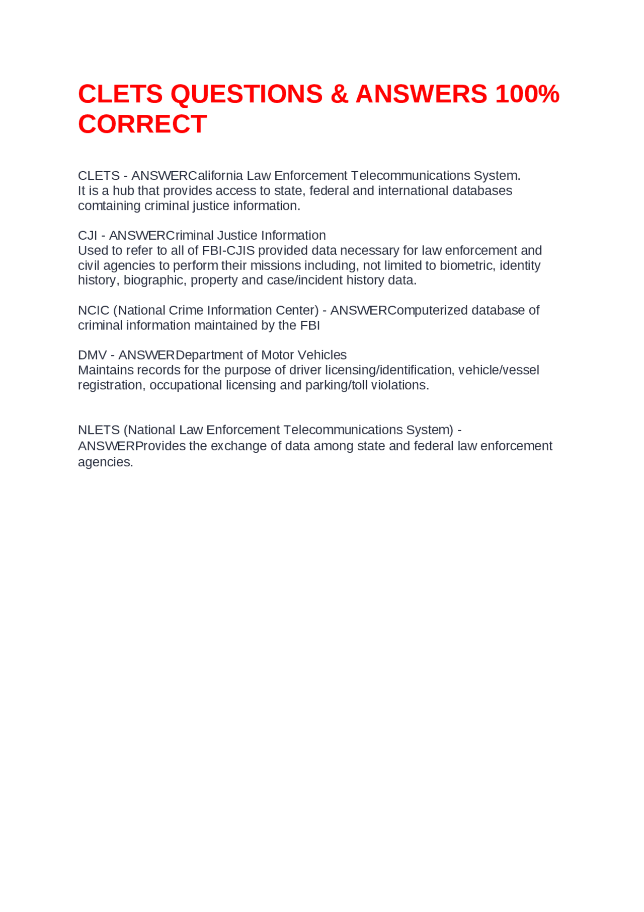 CLETS QUESTIONS & ANSWERS 100% CORRECT | Exams Commercial Law | Docsity