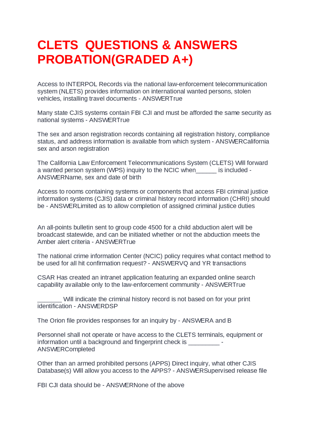 CLETS QUESTIONS & ANSWERS PROBATION(GRADED A+) | Exams Commercial Law ...