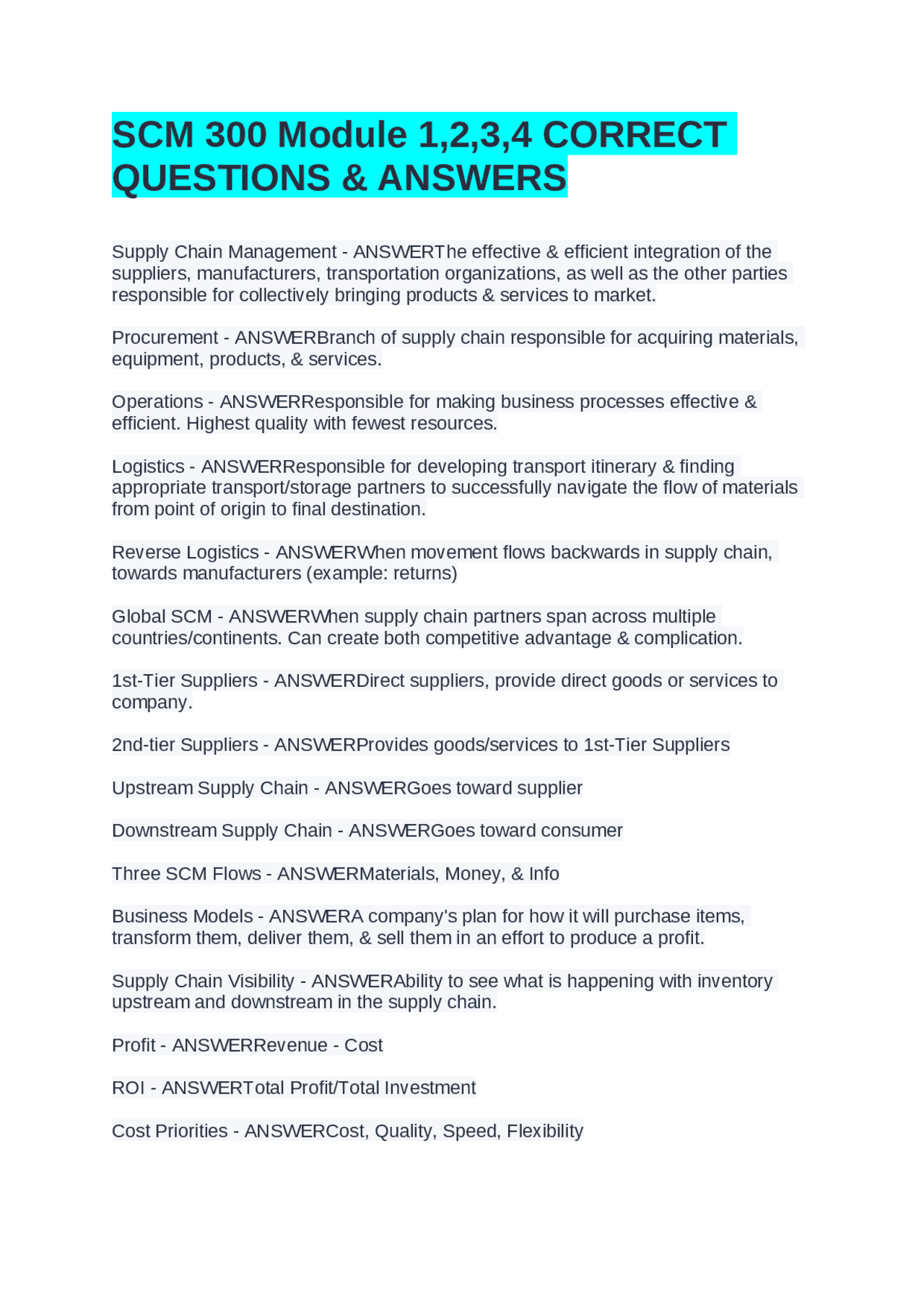 Supply Chain Management: Questions and Answers for SCM 300 Modules 1-4 ...