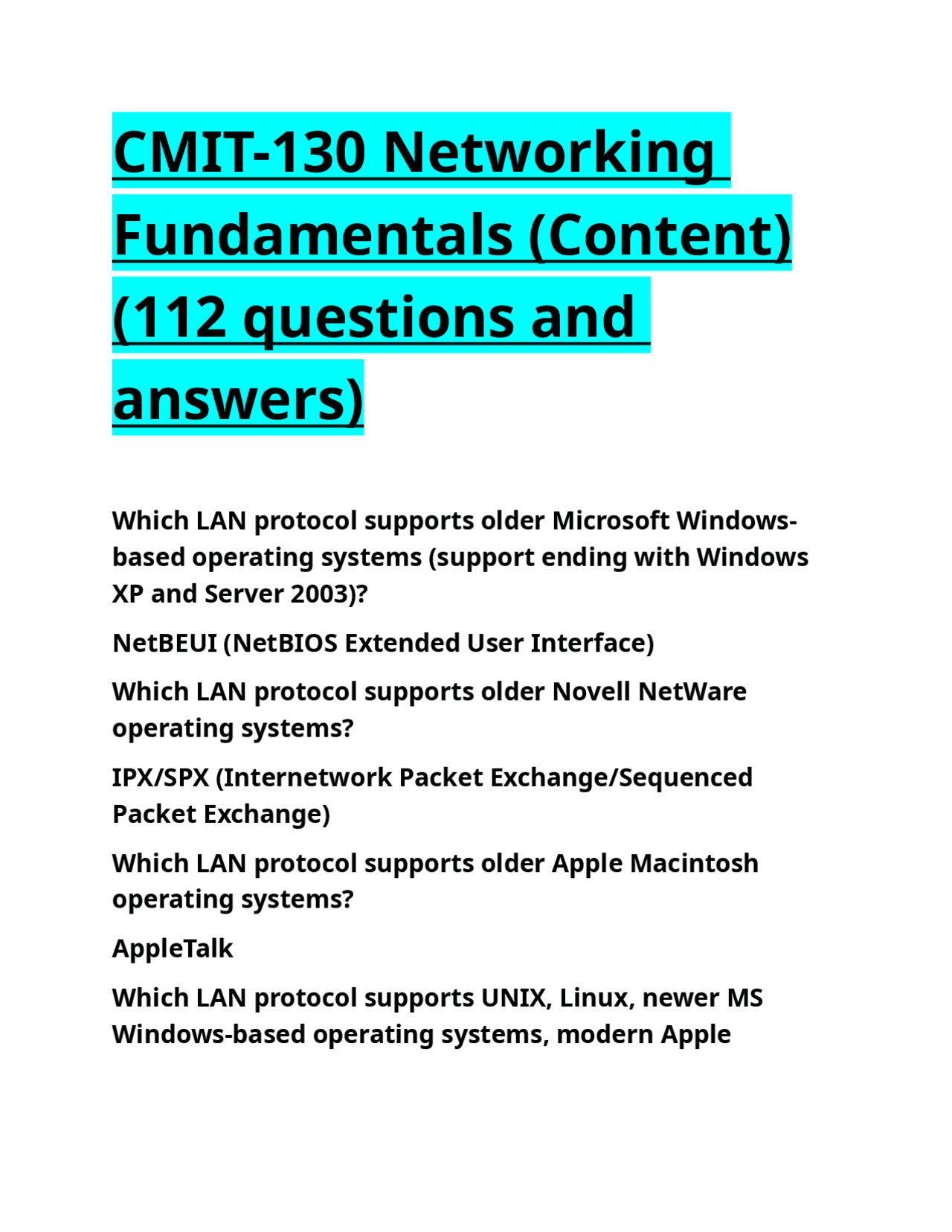 CMIT-130 Networking Fundamentals: Questions and Answers | Exams Biology | Docsity