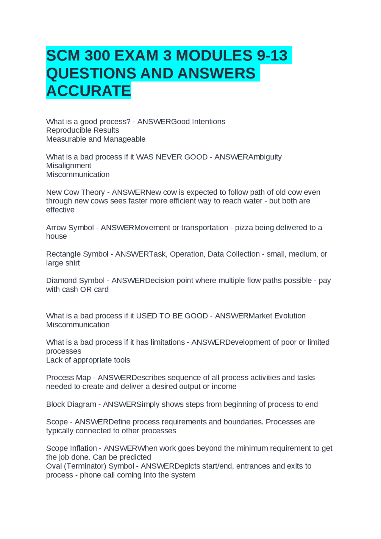SCM 300 EXAM 3 MODULES 9-13 QUESTIONS AND ANSWERS ACCURATE | Exams ...