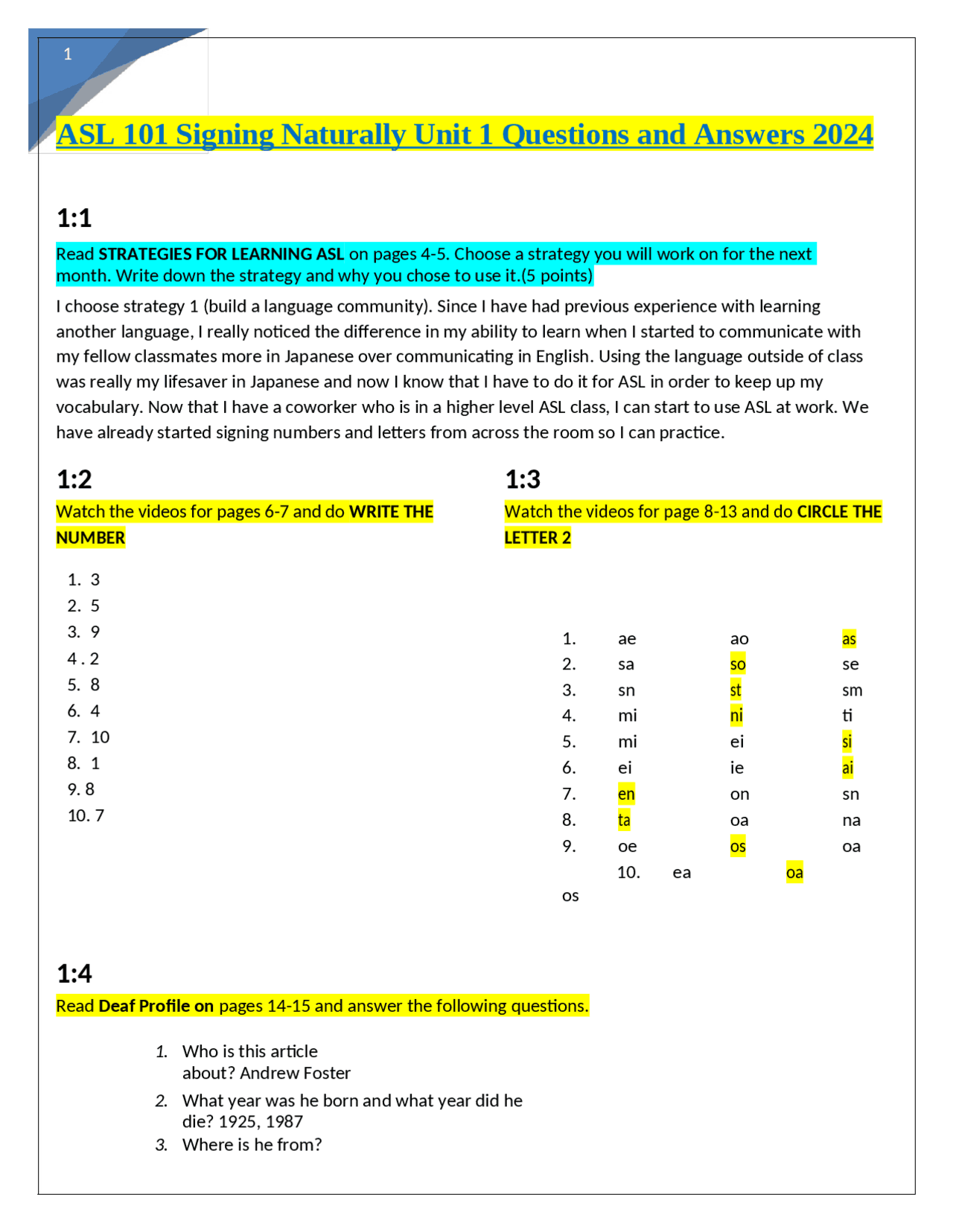 ASL 101 Signing Naturally Unit 1 Questions and Answers | Exams Nursing ...