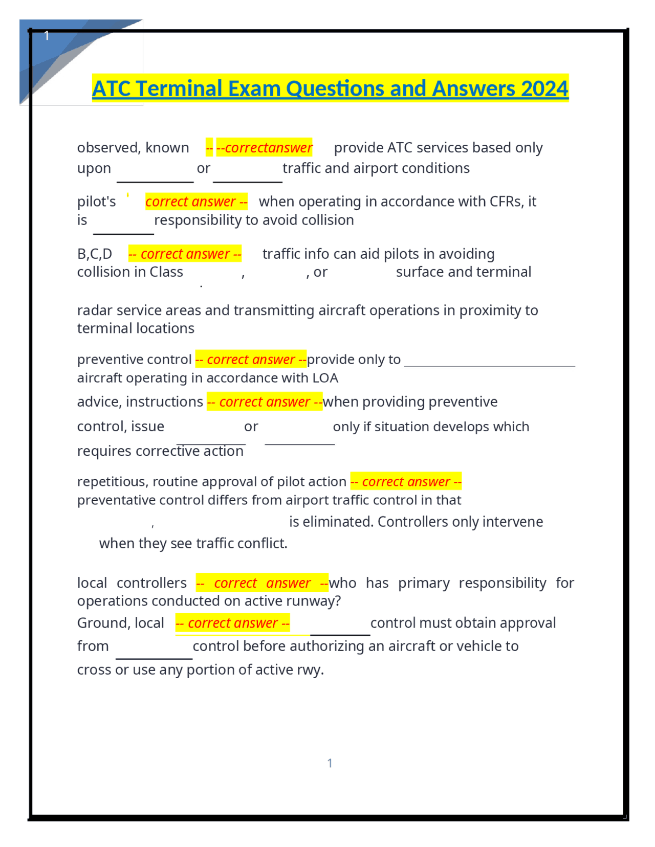 ATC Terminal Exam Questions and Answers | Exams Nursing | Docsity