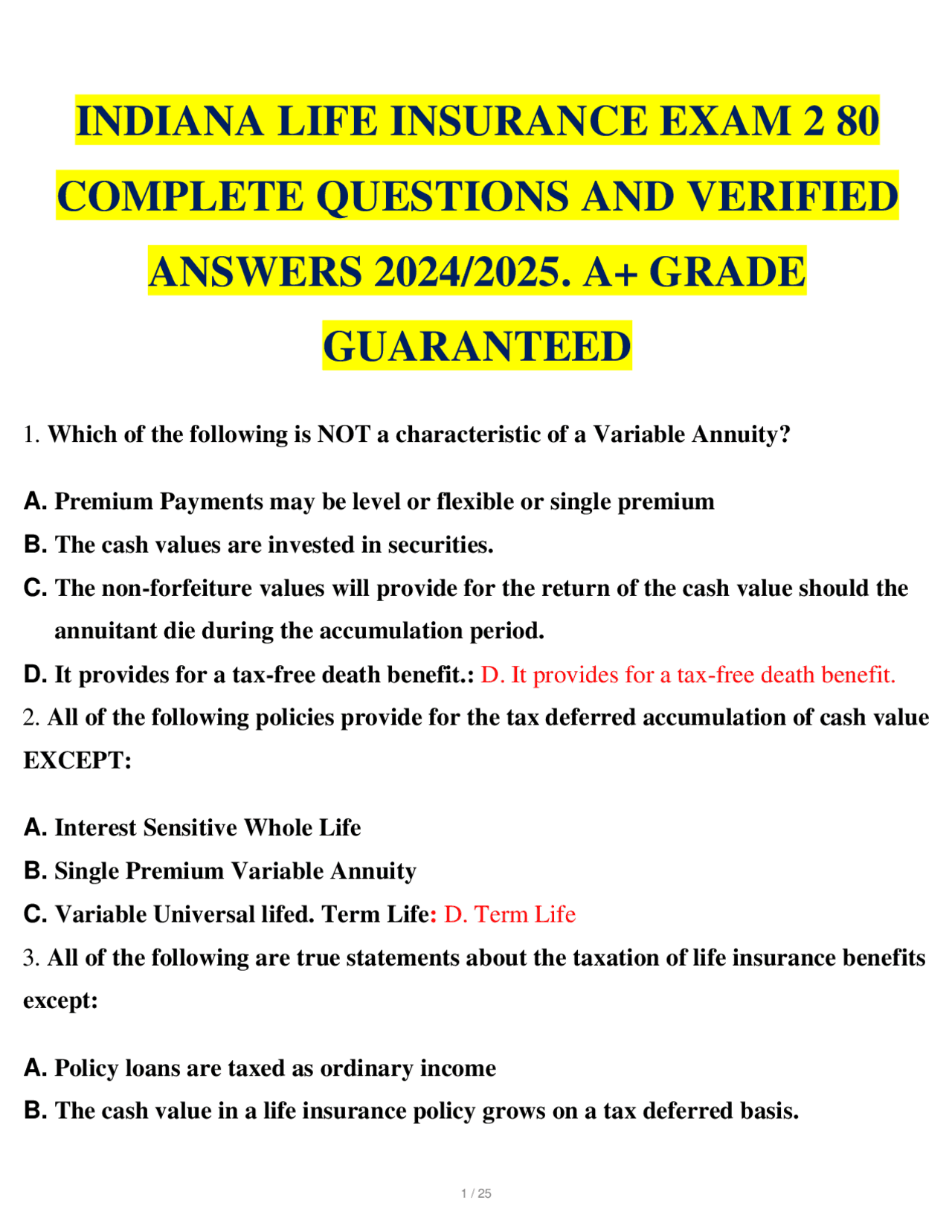 Indiana Life Insurance Exam 2: Complete Questions and Answers 2024/2025 ...