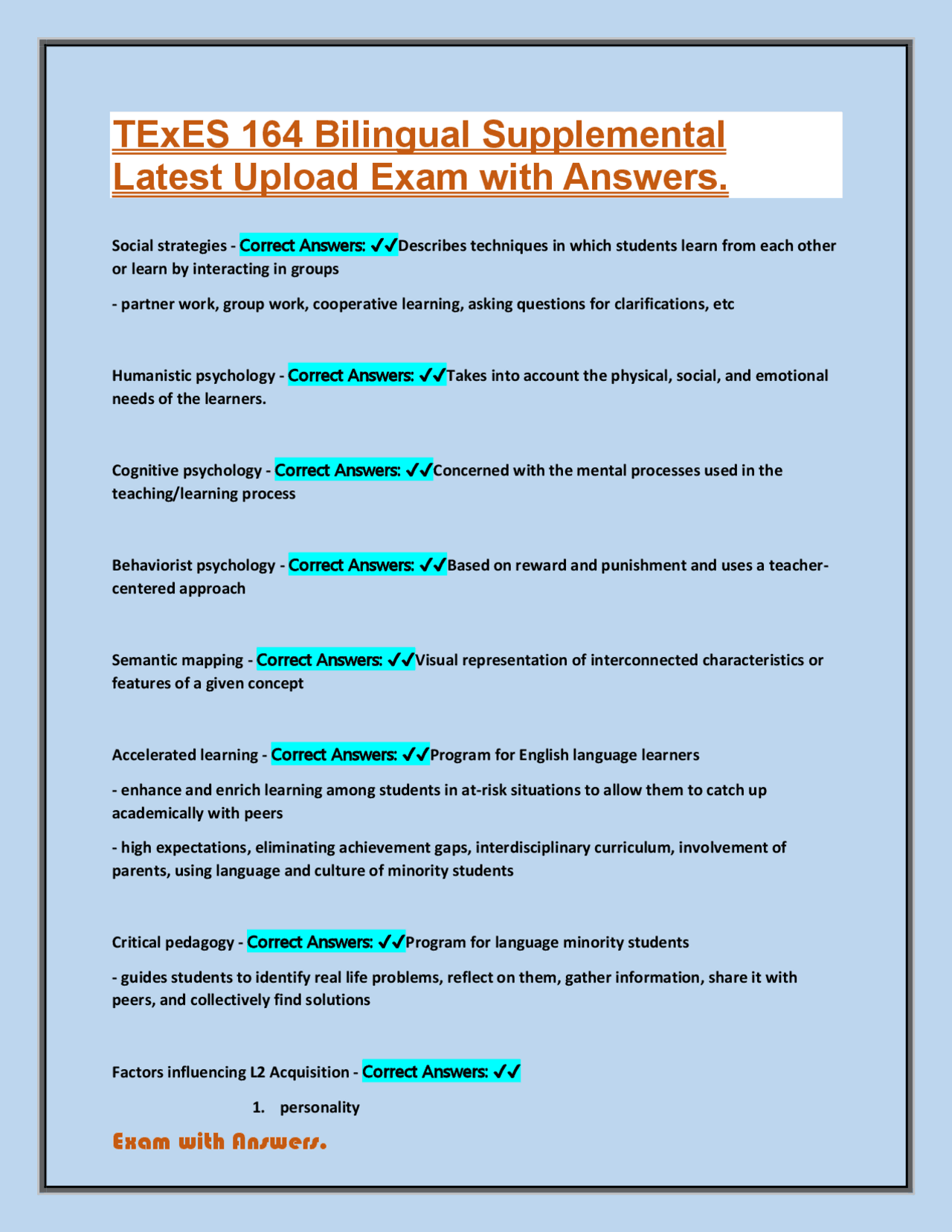 TExES 164 Bilingual Supplemental Latest Upload Exam with Answers ...