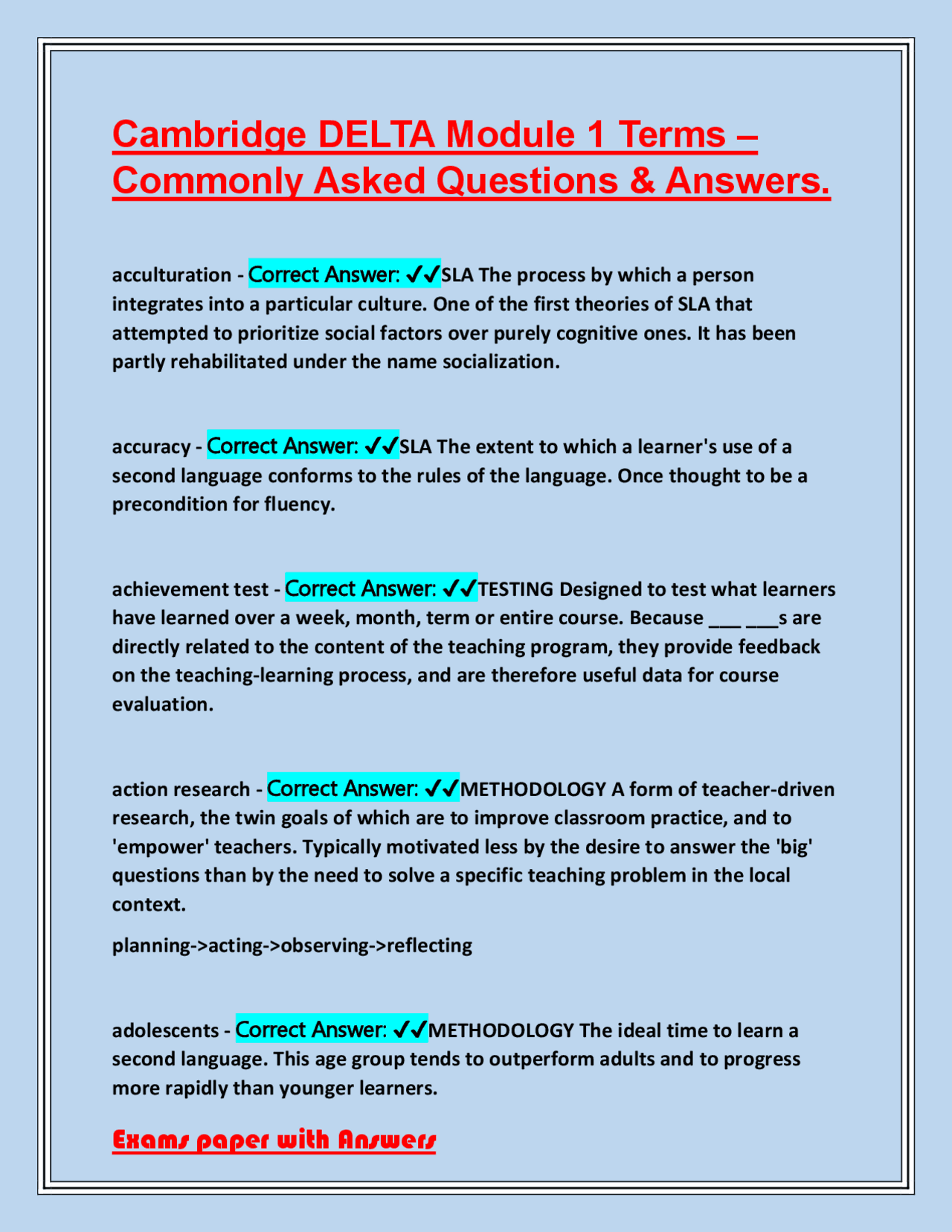 Cambridge DELTA Module 1 Terms: Commonly Asked Questions and Answers ...