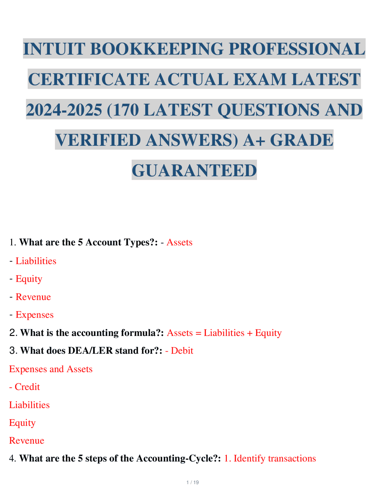 INTUIT BOOKKEEPING PROFESSIONAL CERTIFICATE ACTUAL EXAM LATEST 2024 ...