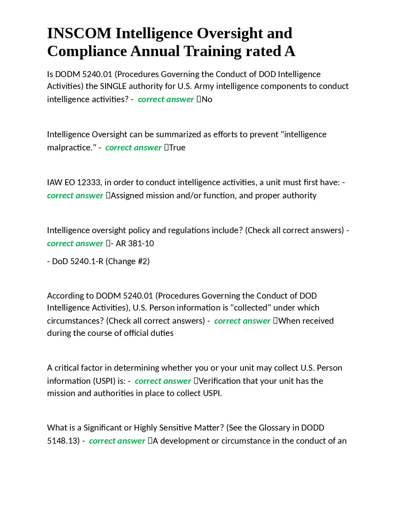 INSCOM Intelligence Oversight and Compliance Annual Training: Questions ...