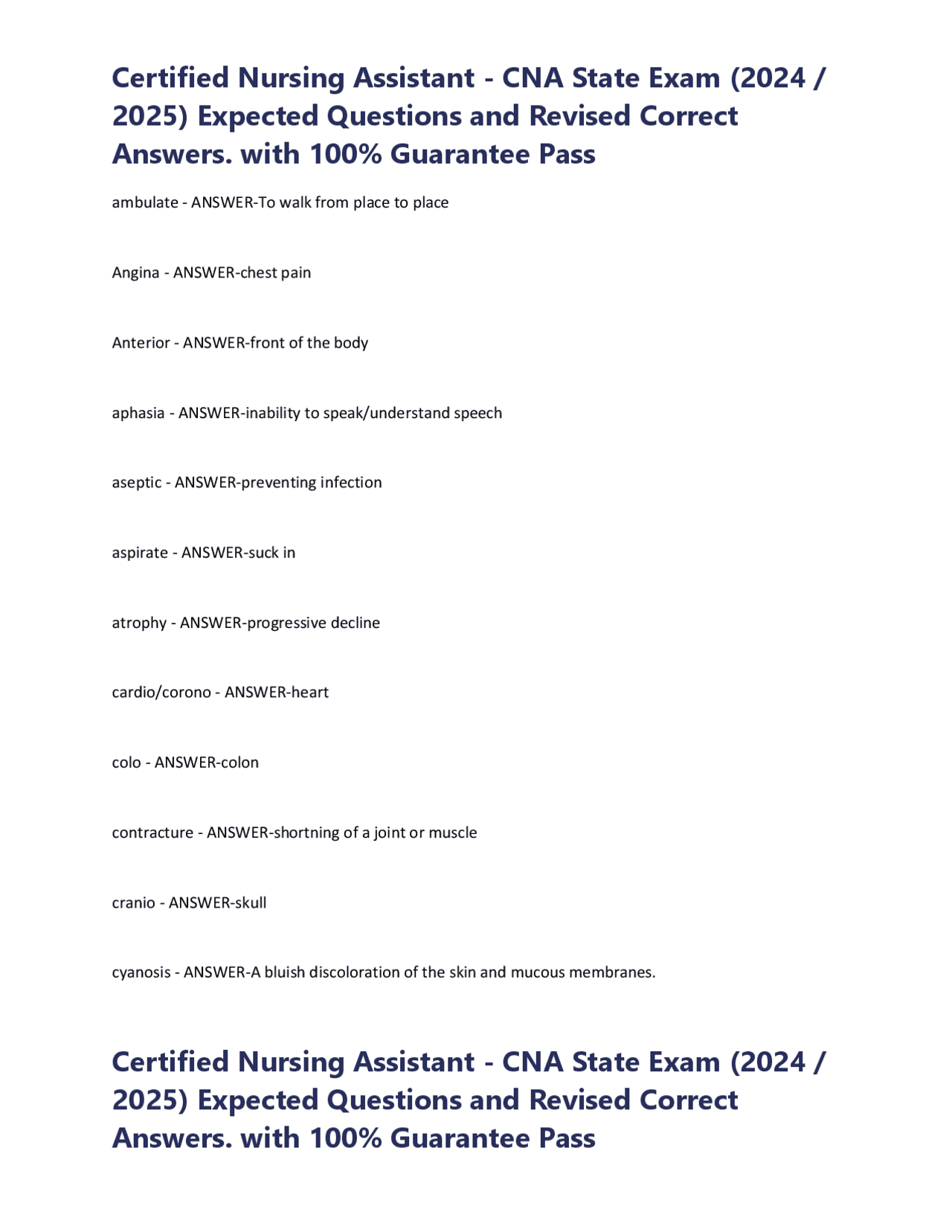 Certified Nursing Assistant - CNA State Exam (2024 / 2025) Expected ...