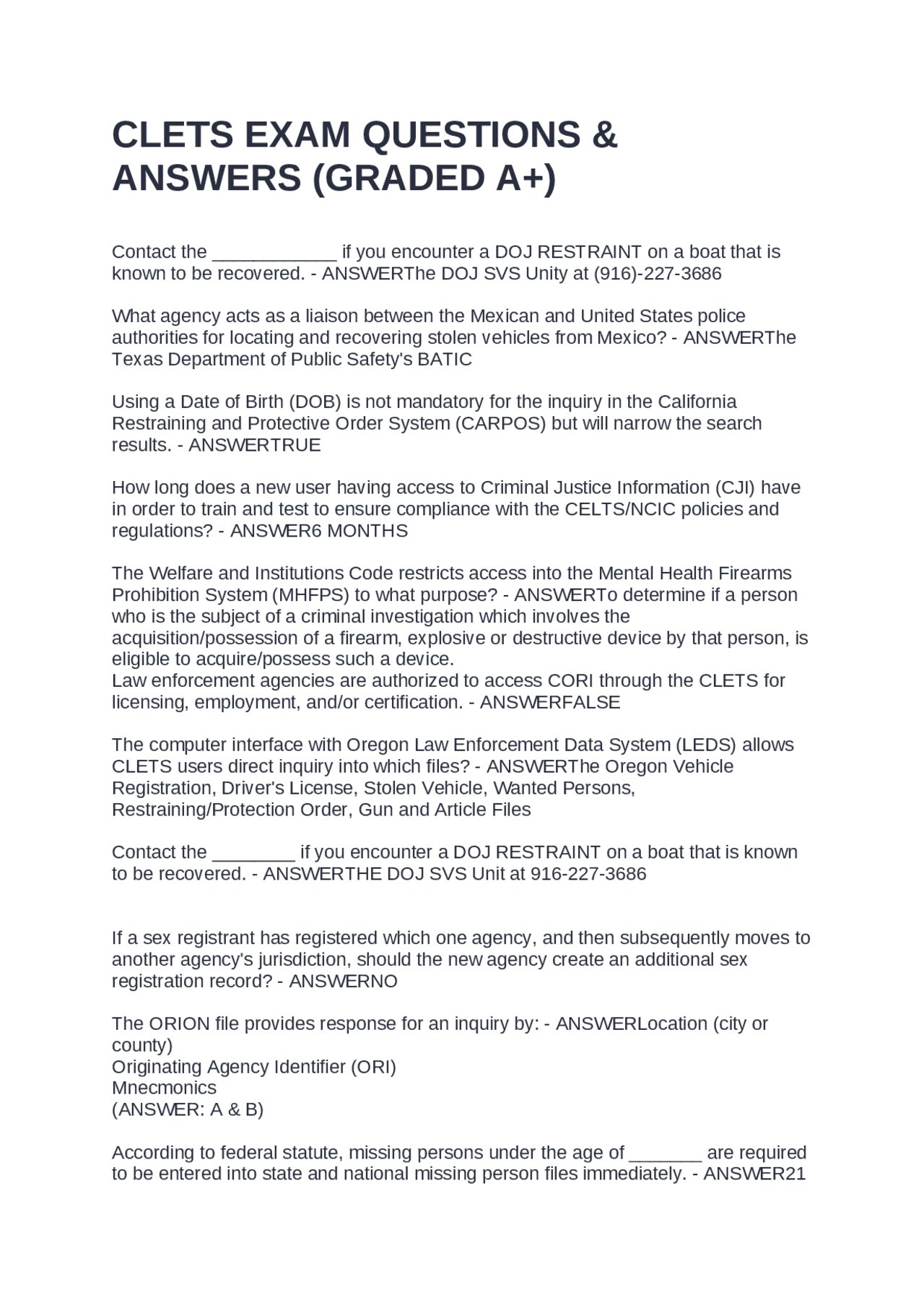 CLETS EXAM QUESTIONS & ANSWERS (GRADED A+) | Exams Commercial Law | Docsity